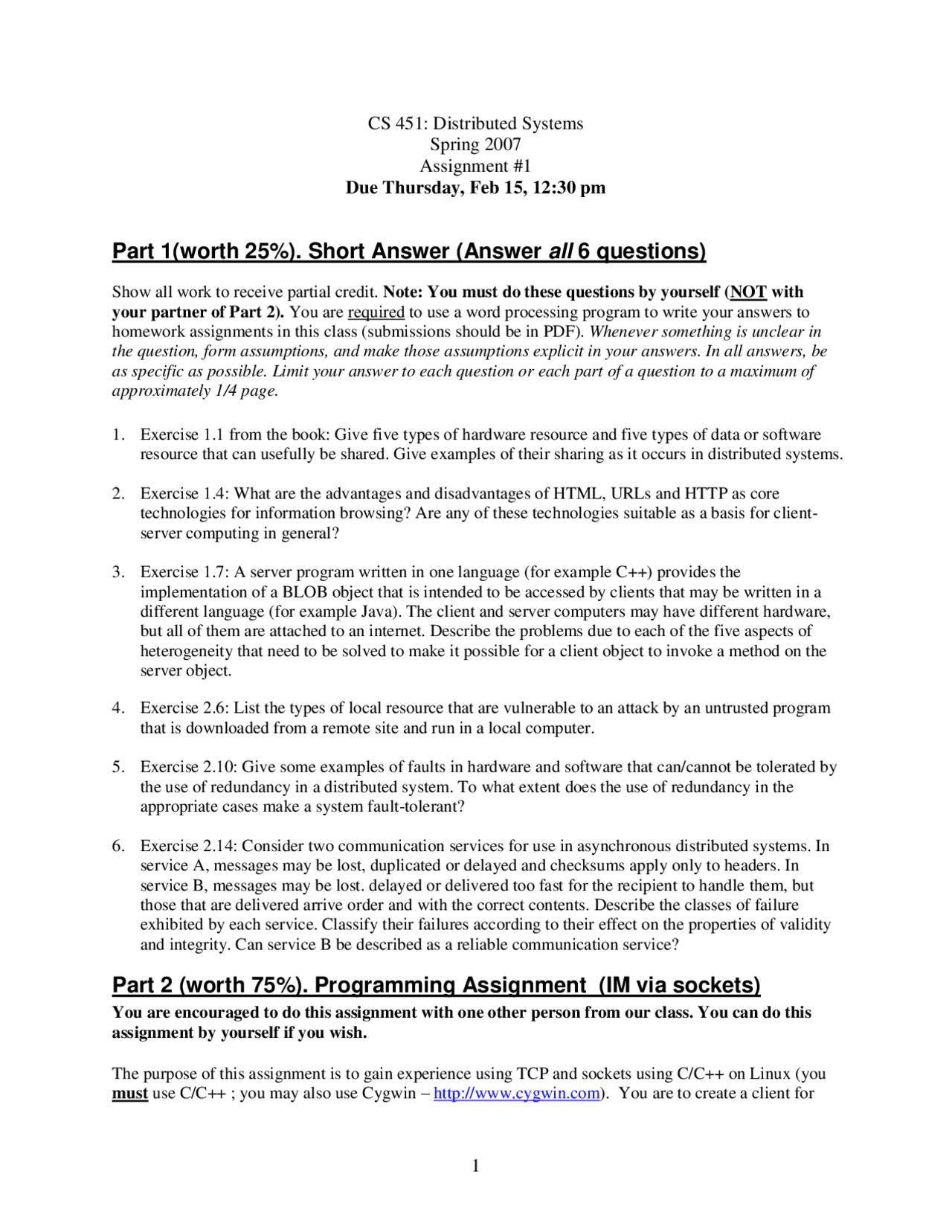 Questions For Assignment 1 Distributed Computing Cs 451 Assignments Computer Science Docsity