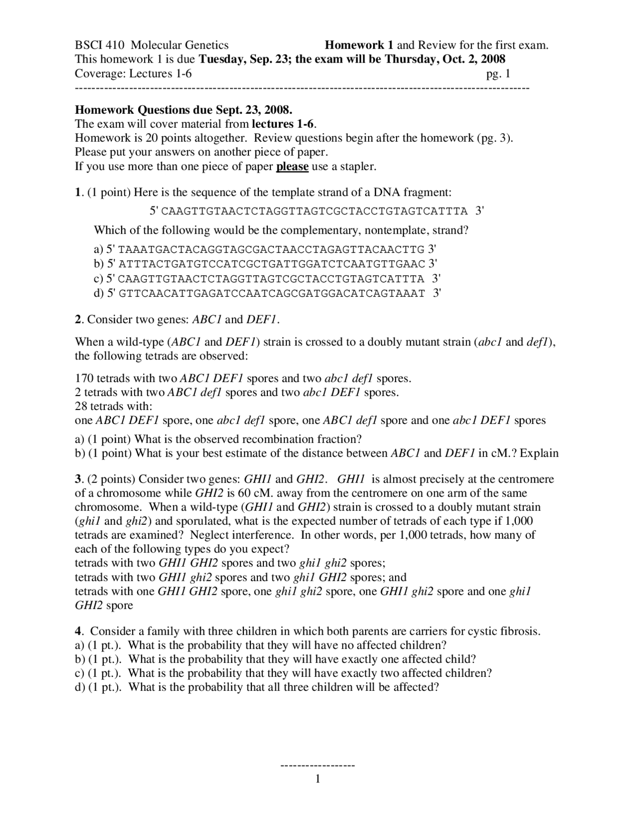 Molecular Genetics Review Sheet For First Exam Bsci 410 Docsity