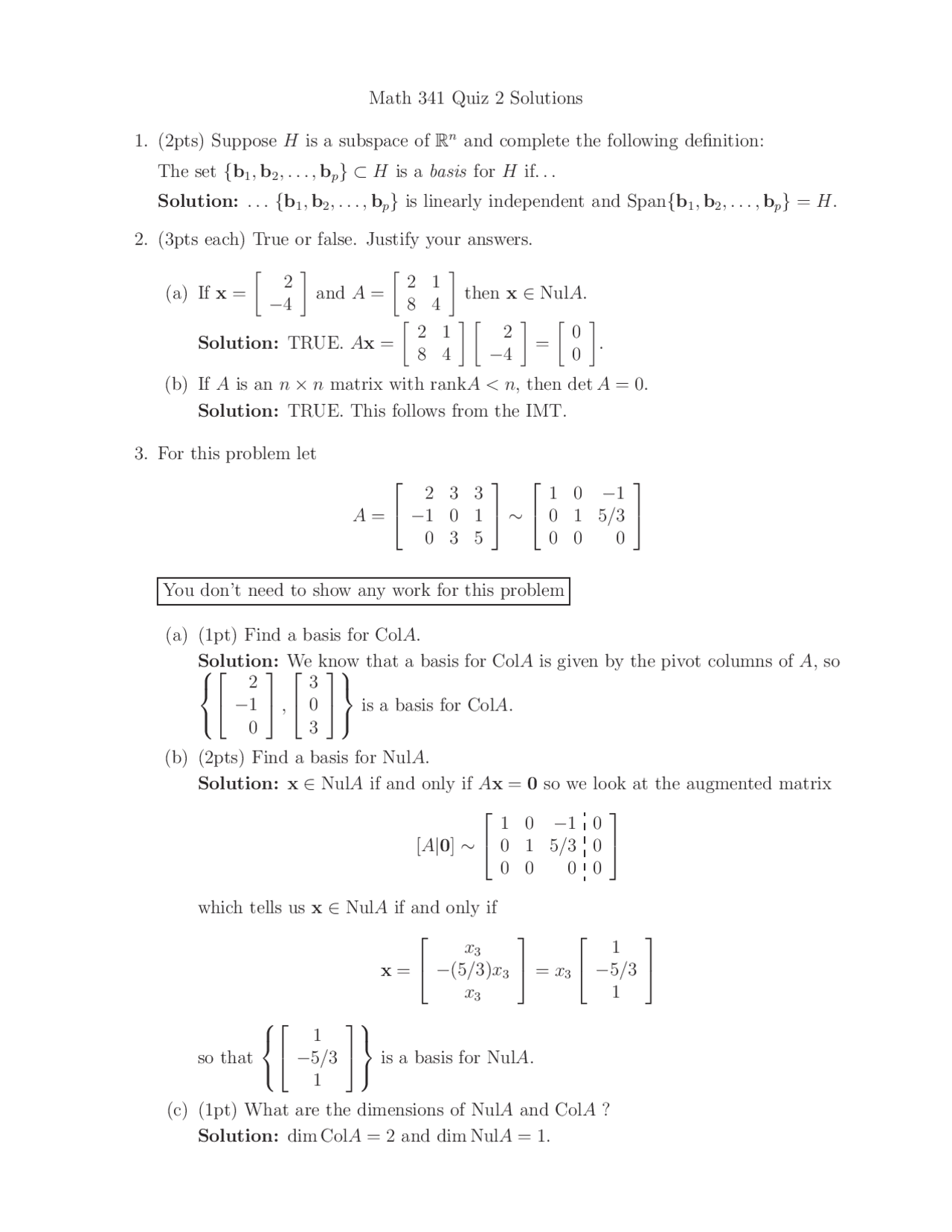 Solved Questions For Quiz Ii Elementary Linear Algebra Math 341