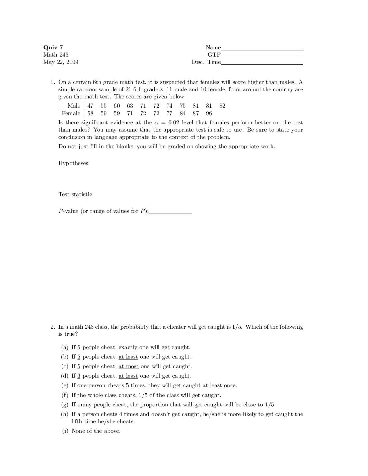 Methods of Probability and Statistics - Sample Quiz 7 | MATH 243 - Docsity