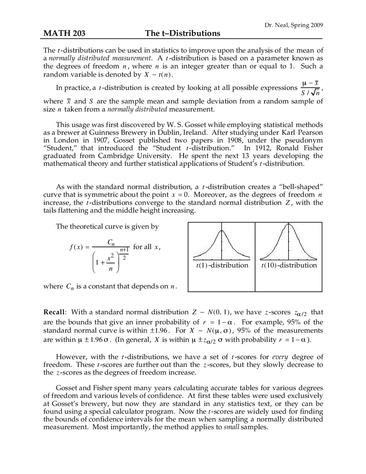 The t-Distributions - Lecture Notes | MATH 203 - Docsity