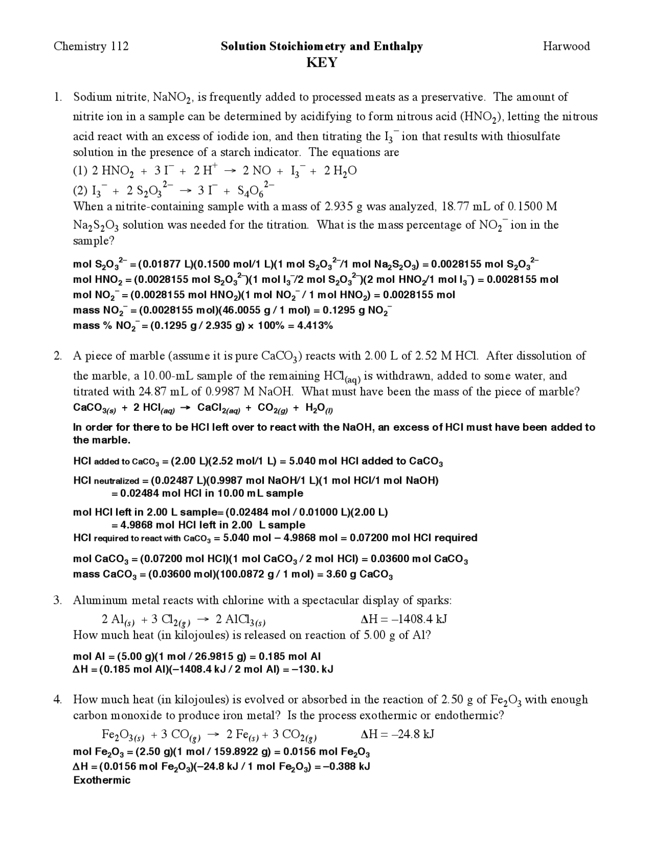 Solution Stoichiometry and Enthalpy - General College Chemistry I ...