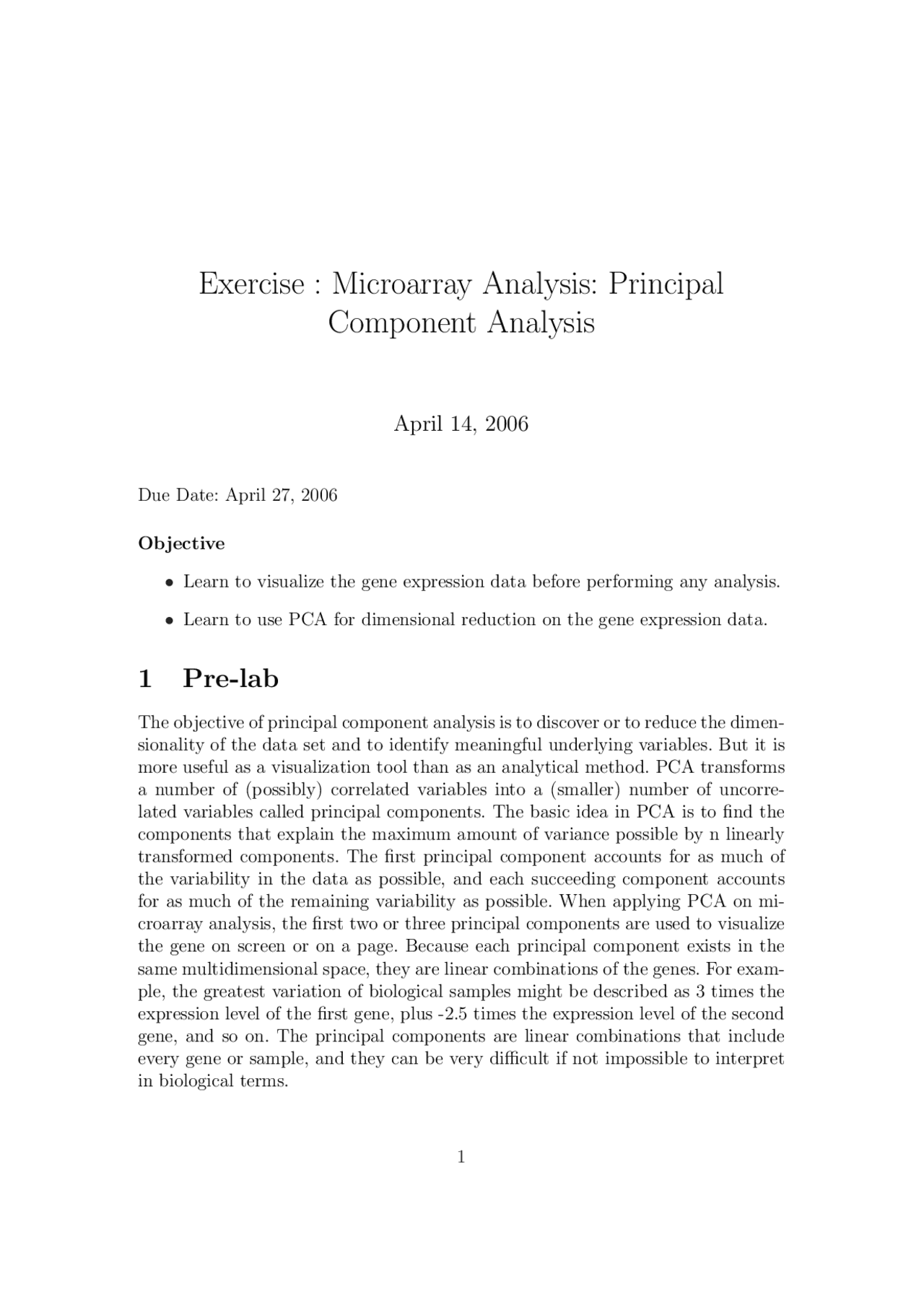 Microarray Analysis Principal Component Analysis Lab Bioe 594