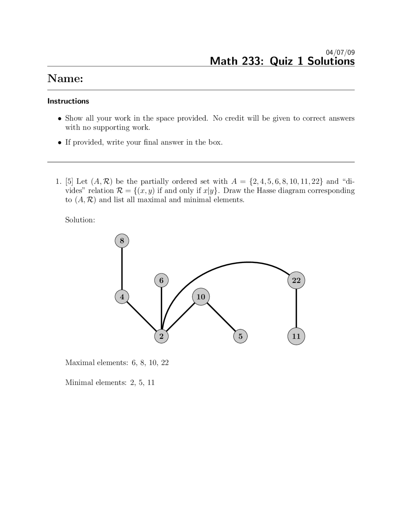 Quiz 1 With Solutions For Elementary Discrete Mathematics Ii Math 233