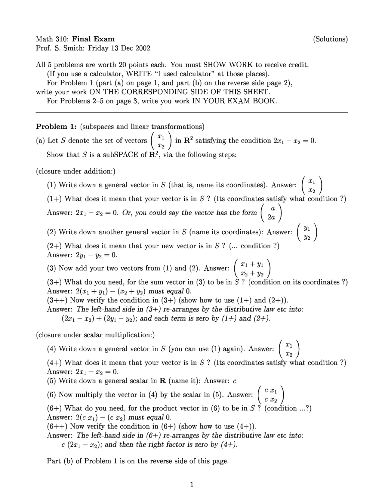 5 Solved Problems On Applied Linear Algebra Final Exam Math 310