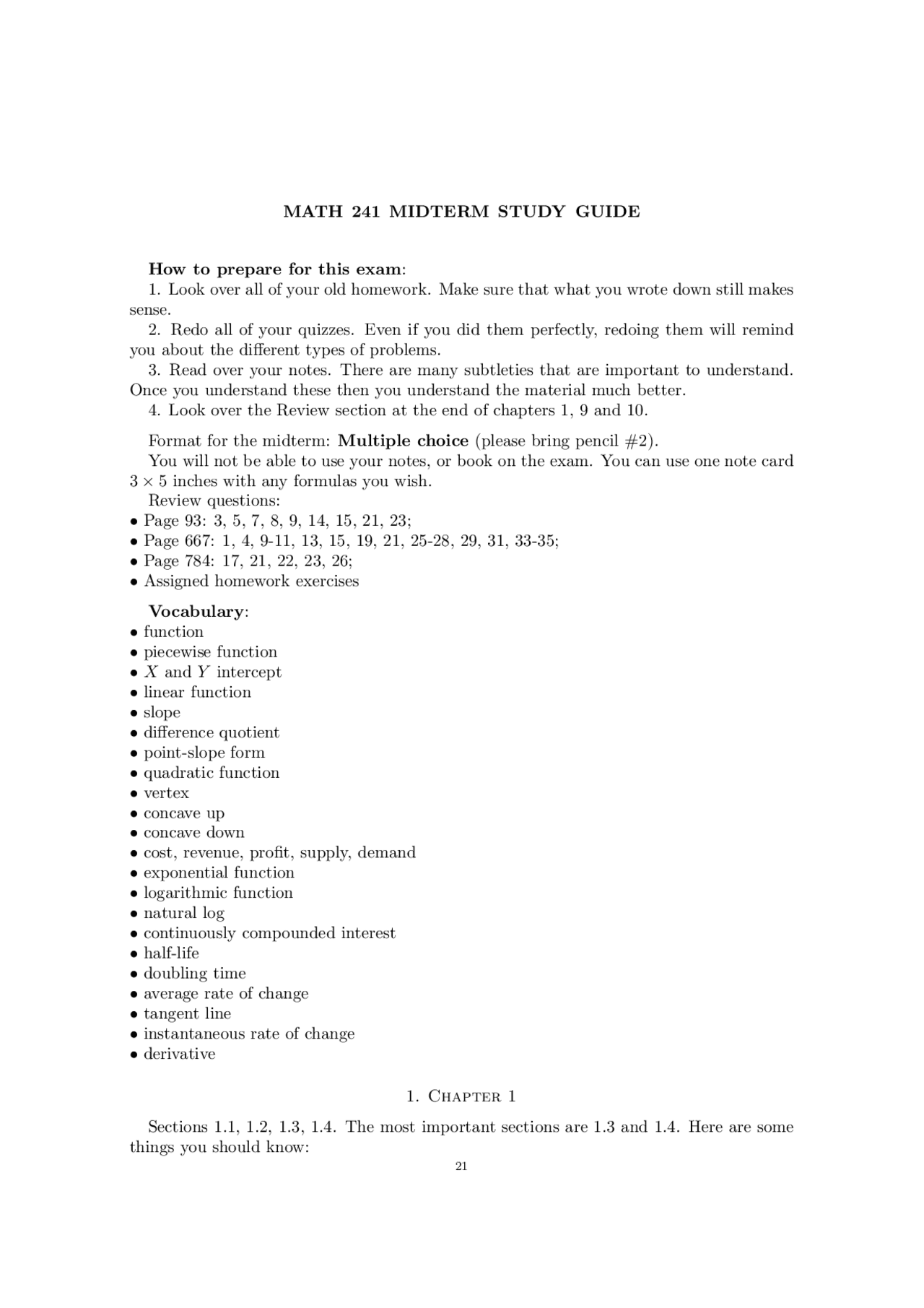 Midterm Exam Study Guide - Calculus for Business and Social Sciences | MATH 241 - Docsity