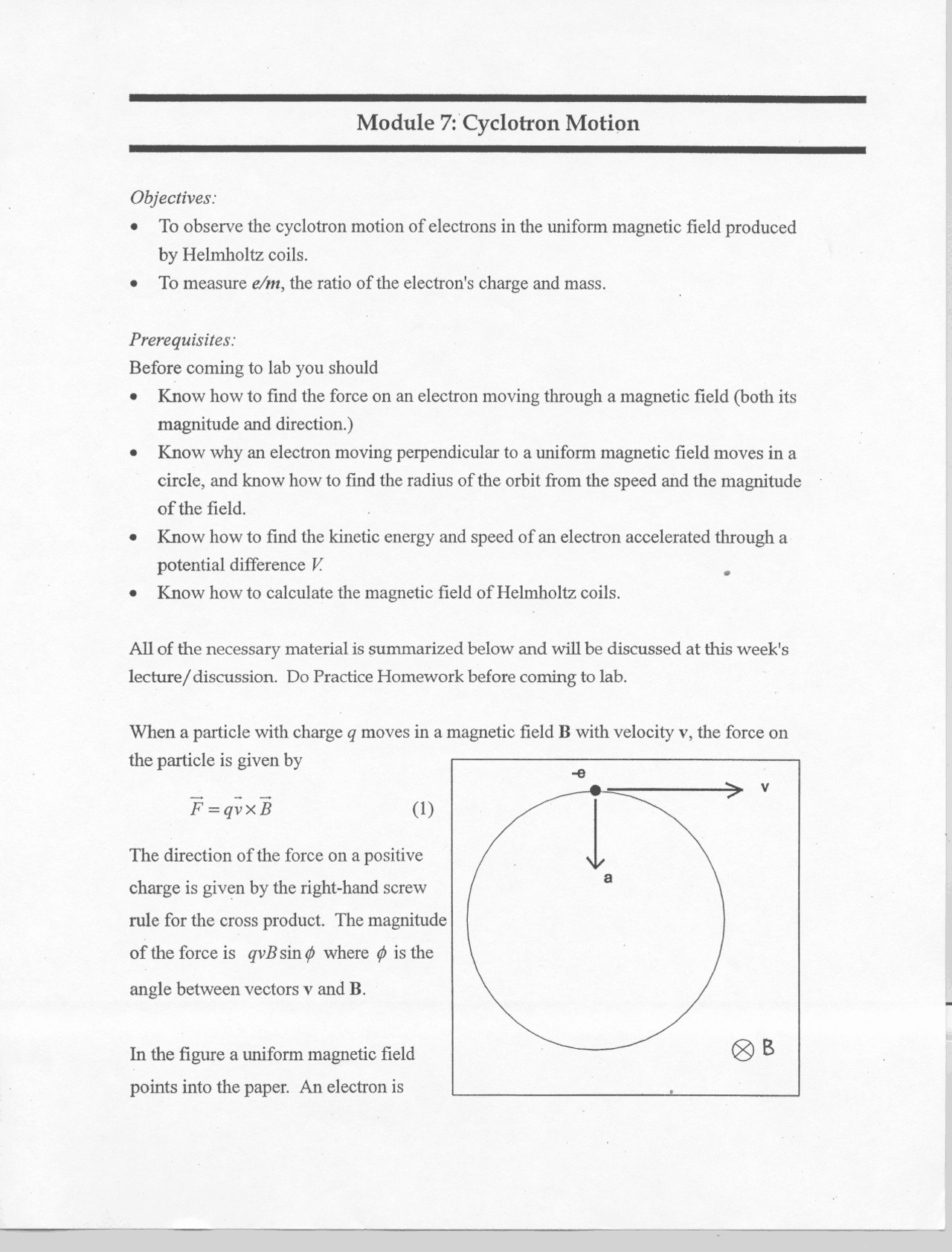 Cyclotron Motion - Physical Chemistry Lab - Laboratory | PHYS 290 - Docsity