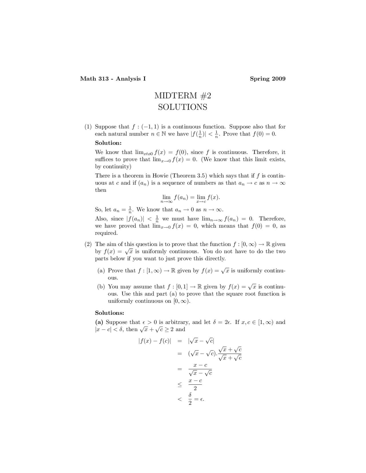 Analysis I - Math 313: Proofs of Continuity and Limits of Functions | Exams Mathematical Methods ...