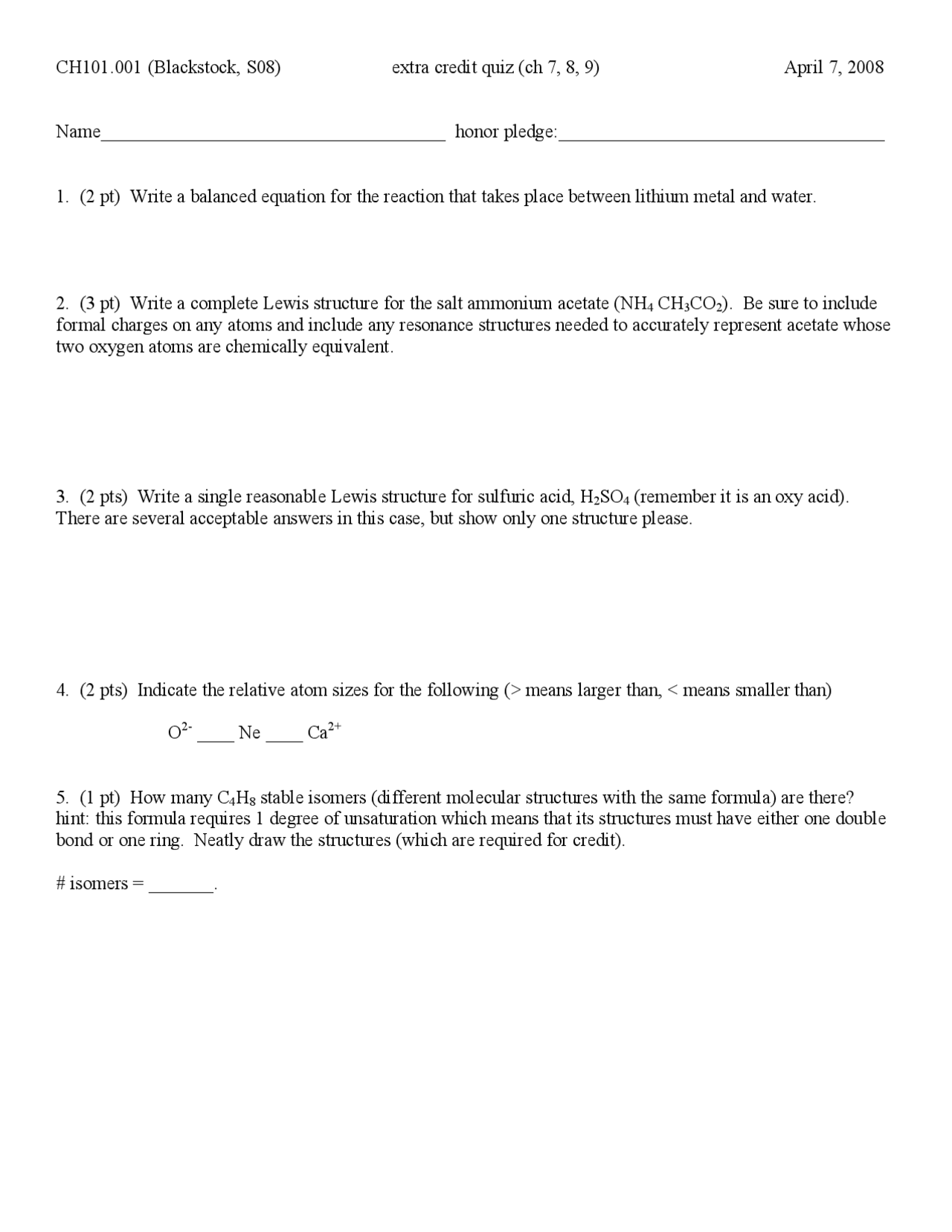 5 Questions Of General Chemistry Extra Credit Quiz Ch 101 Docsity