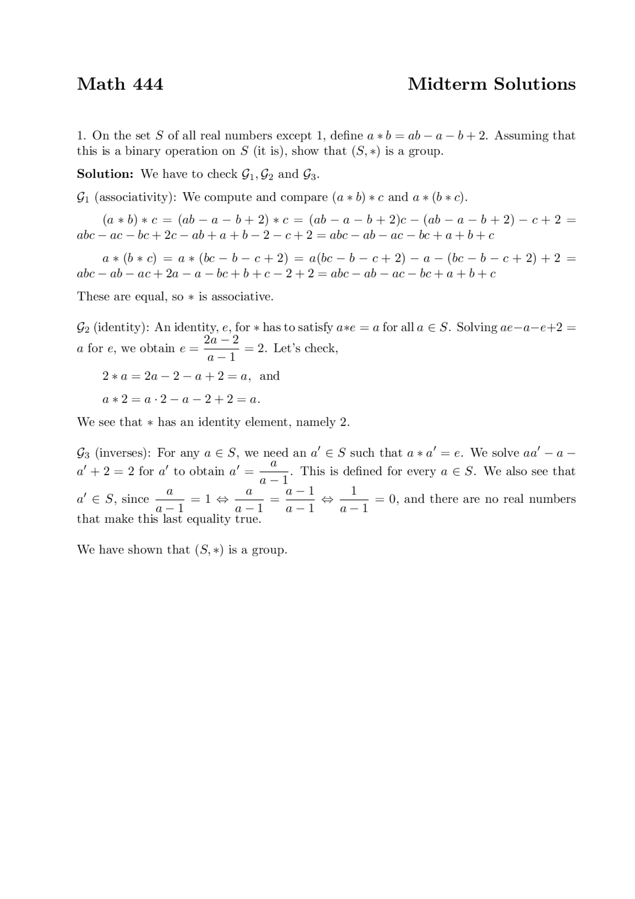 Midterm Solutions Introduction To Abstract Algebra Math 444 Docsity