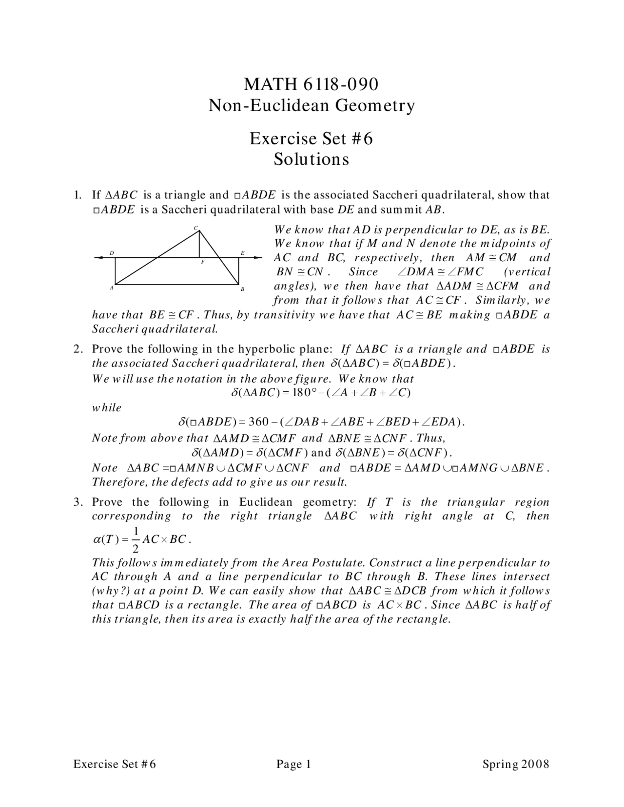 Homework Solutions Non Euclidean Geometry Unc Spring 2008 Docsity