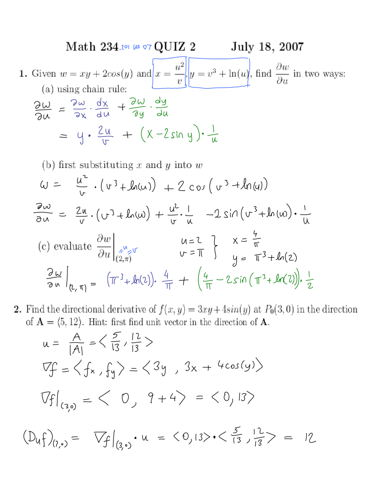 Multivariable Calculus - Handwritten Solution | MTH 234 | Quizzes Calculus | Docsity