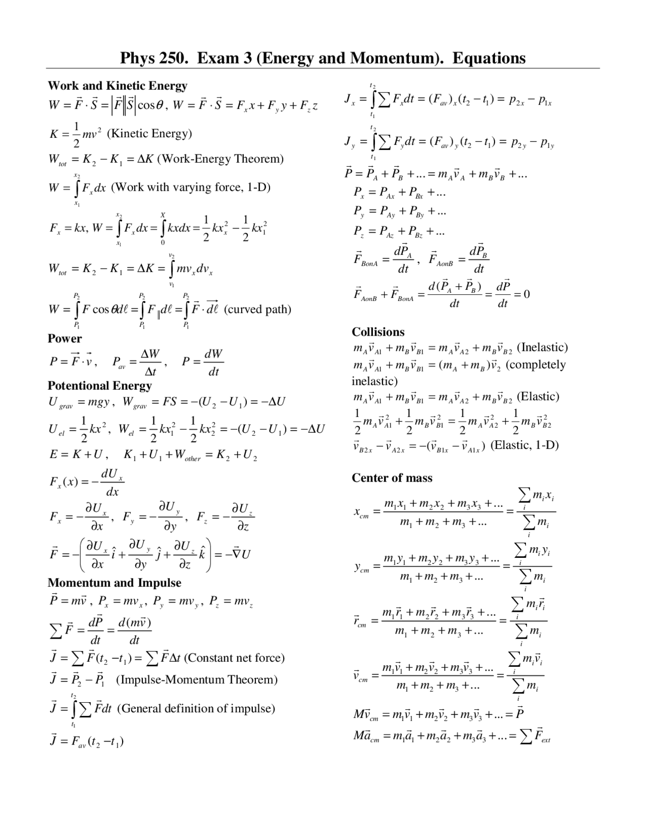 Energy and Momentum - Introductory Mechanics – Review Sheet for Exam 3 ...
