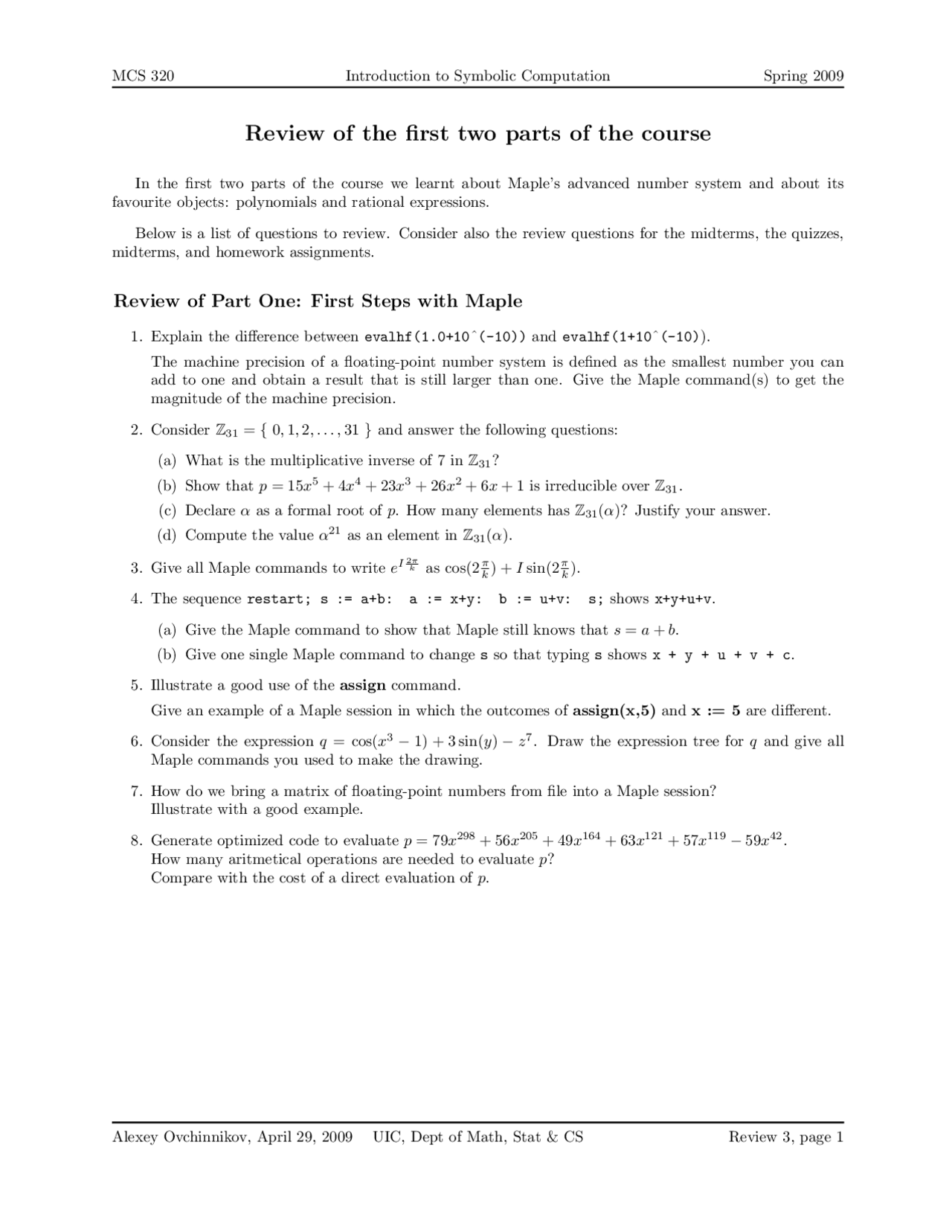 Introduction To Symbolic Computation Review Sheet Mcs 320 Docsity