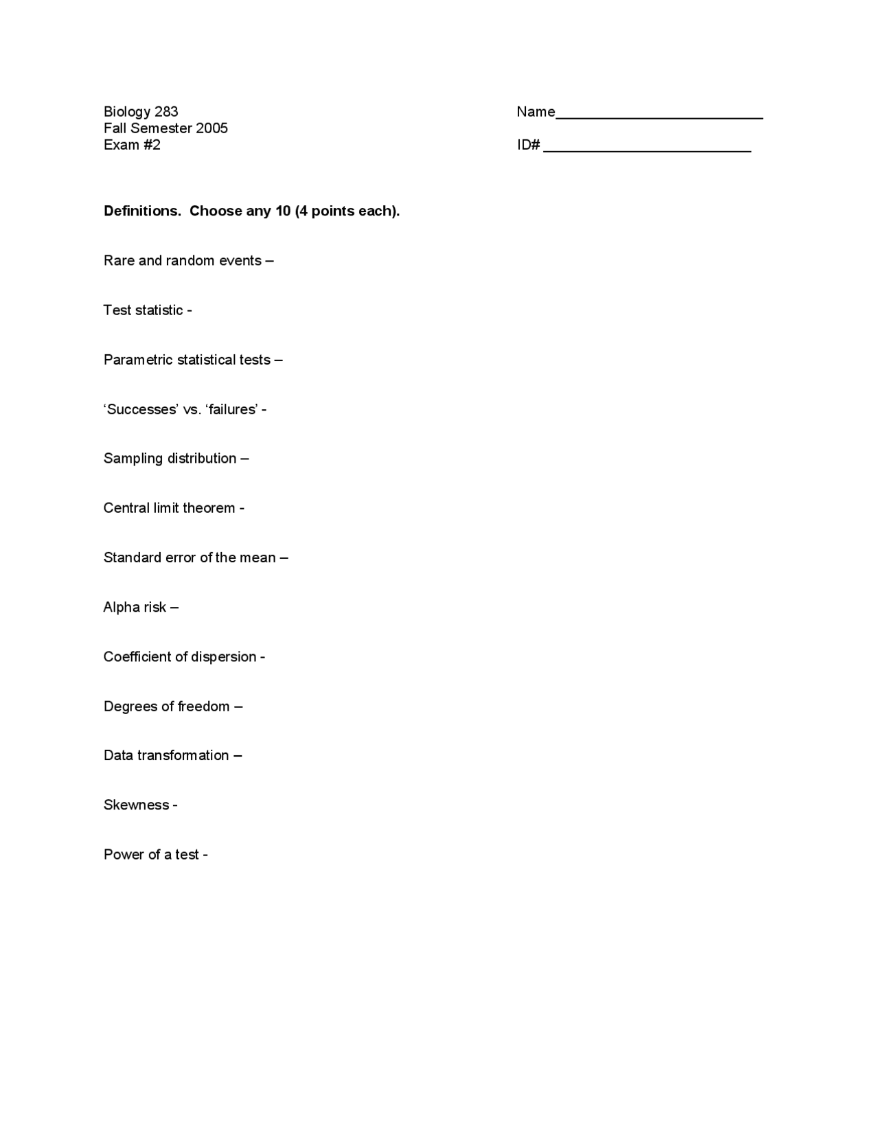 Exam Paper With Answers Introductory Biostatistics Biol 283 Docsity