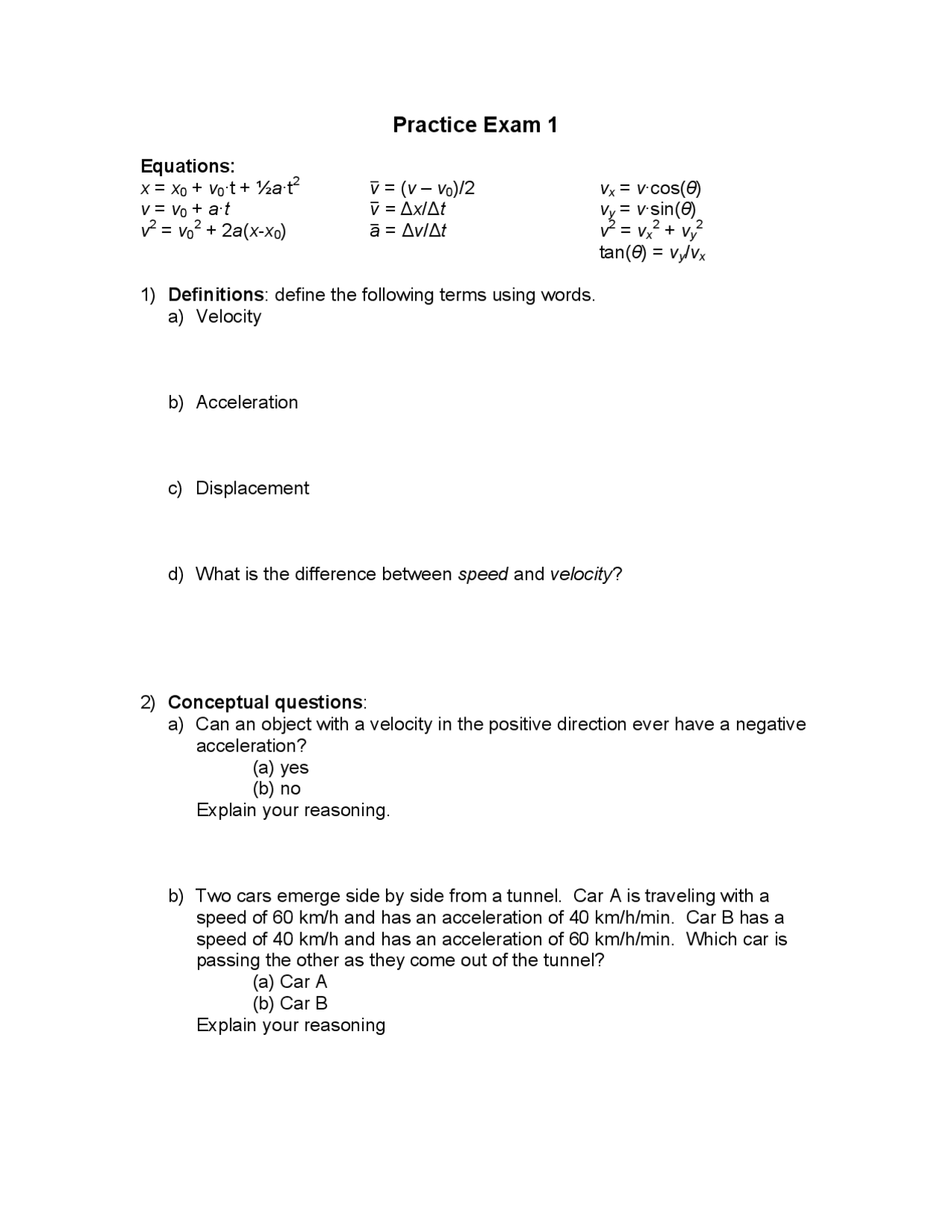 Practice Exam 1 Problems with Equations - College Physics I | PHYS 201 ...
