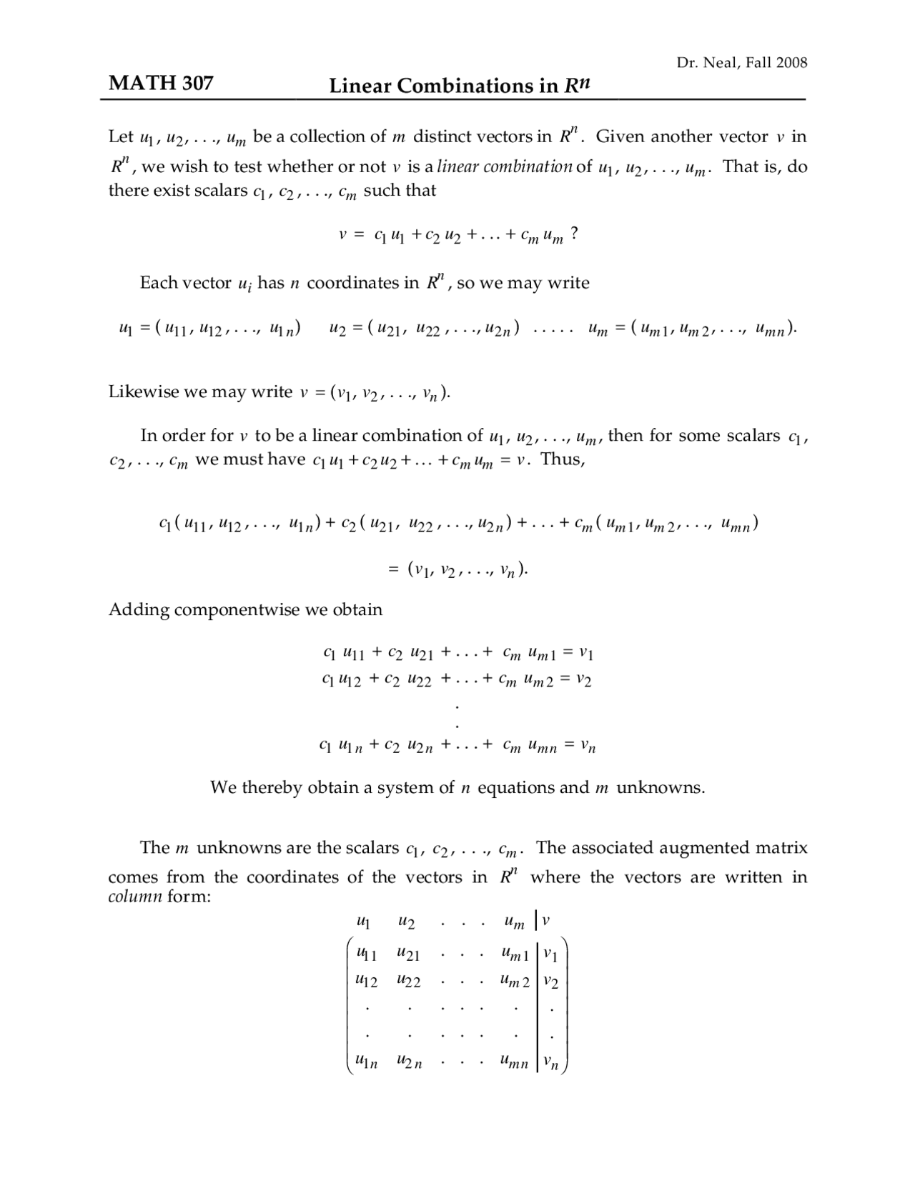 Notes On Linear Combination Introduction To Linear Algebra Math 307