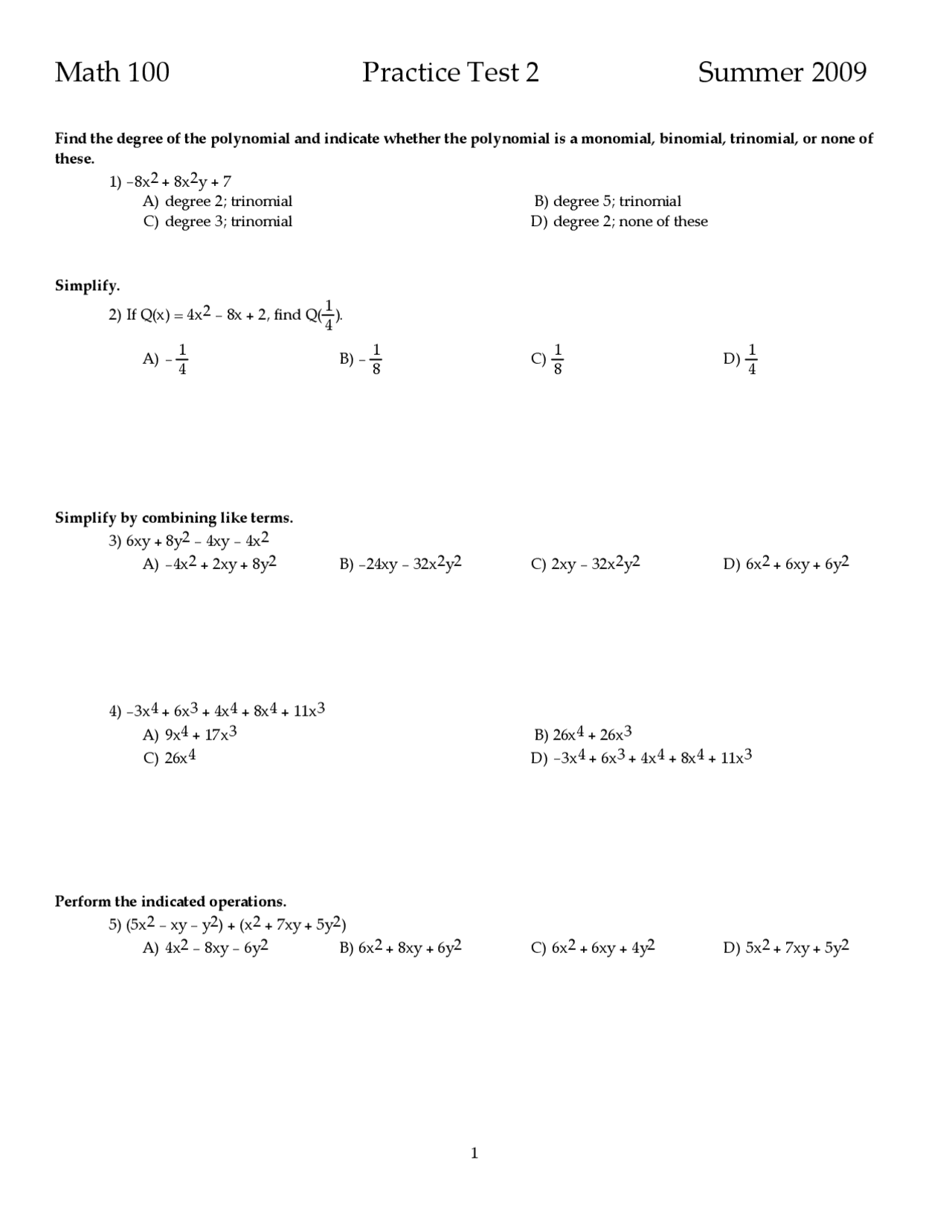 75 Questions on Intermediate Algebra with Answer key - Exam | MATH 100 ...