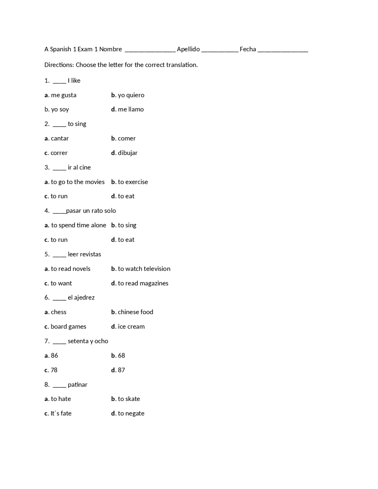 Test I Questions - Elementary Spanish One | SPAN 101 - Docsity