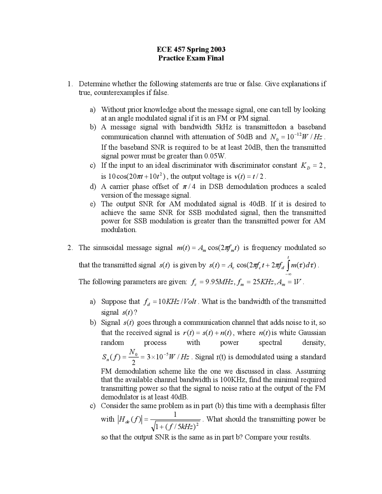 Practice Final Exam Communication Systems Ece 457 Docsity
