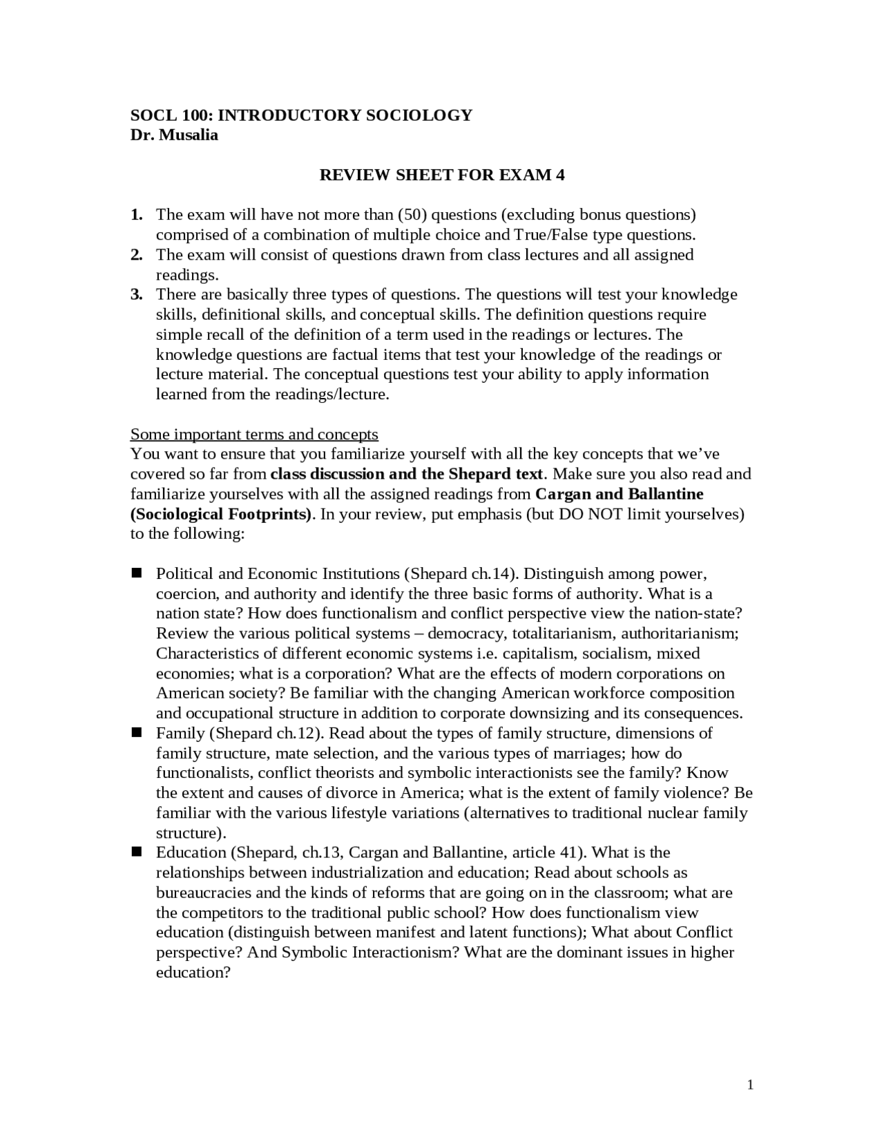 Exam 4 Review Sheet Introductory Sociology Socl 100 Docsity