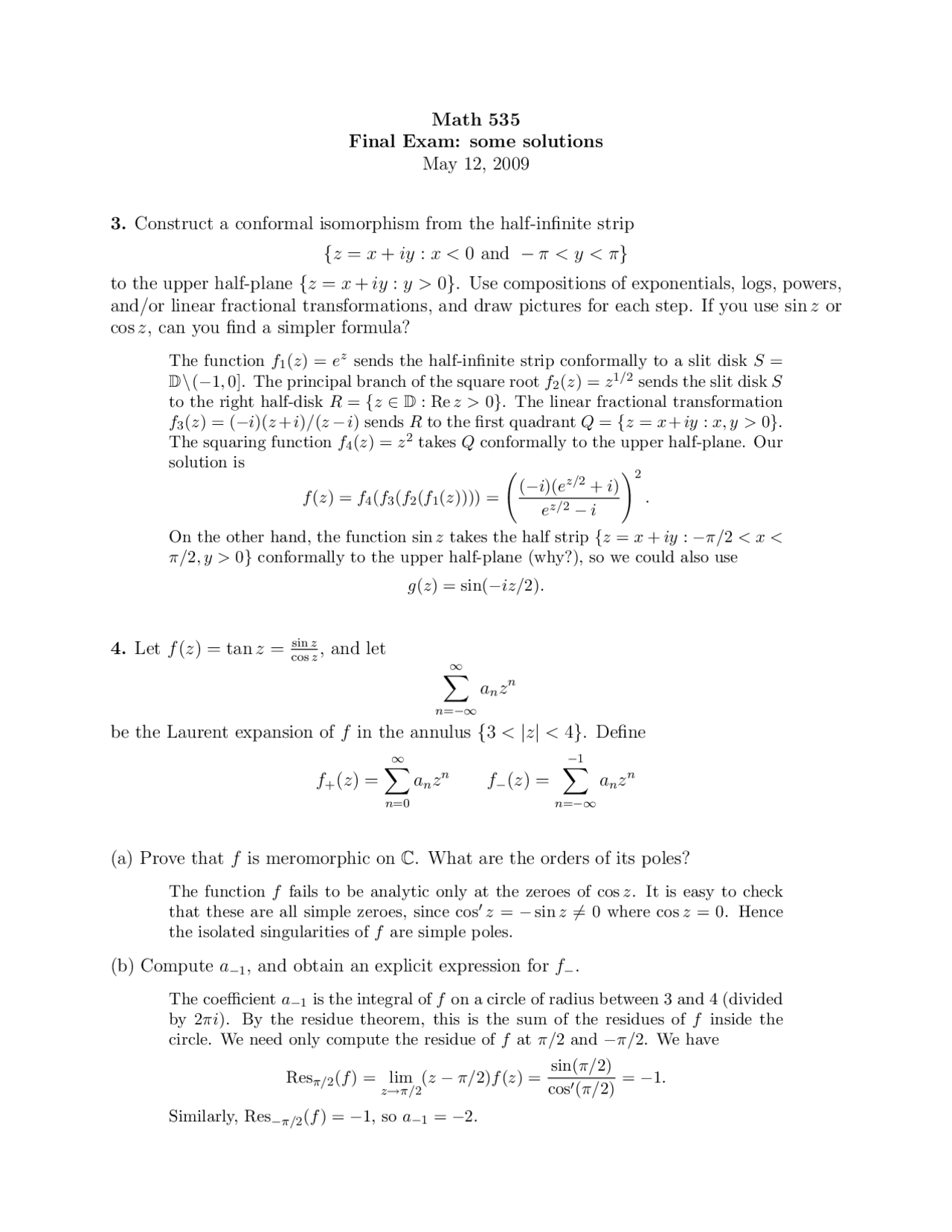6 Questions With Solutions On Complex Analysis I Final Exam Math