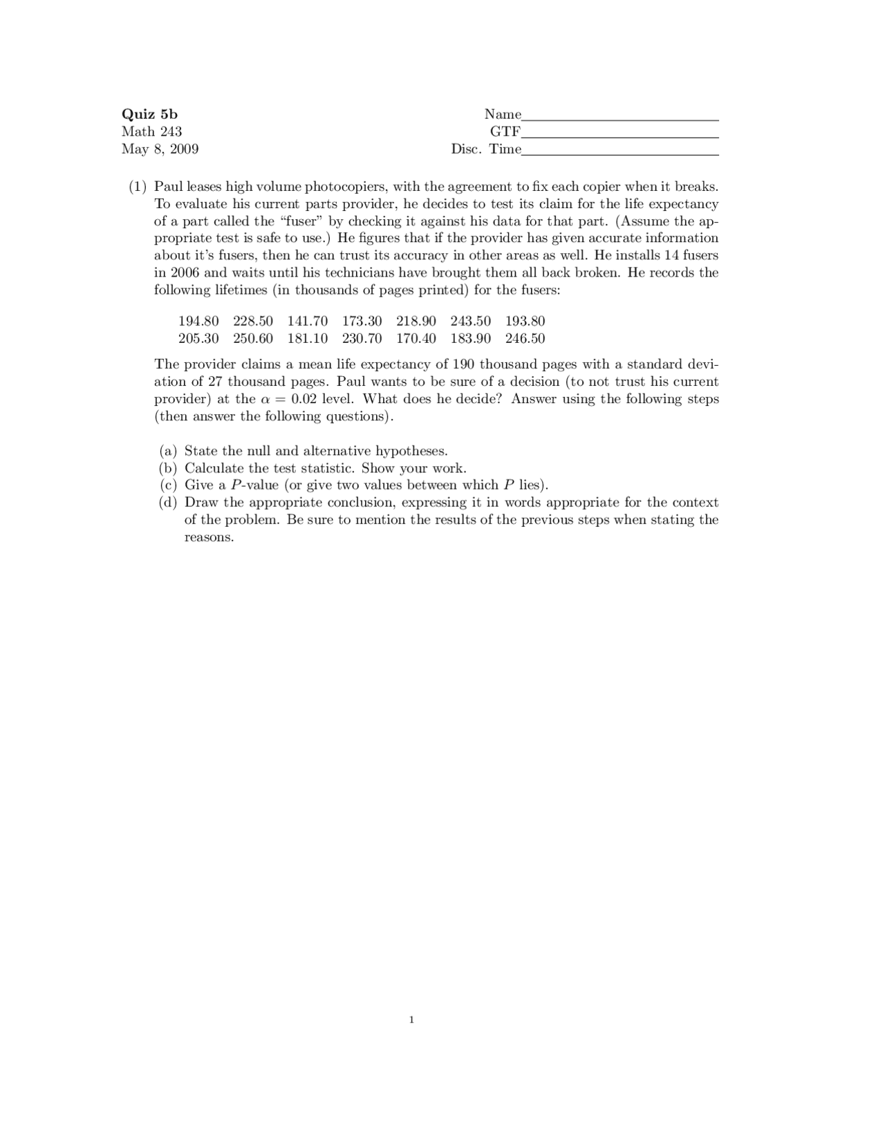 Quiz 5 Form B - Methods of Probability and Statistics | MATH 243 - Docsity