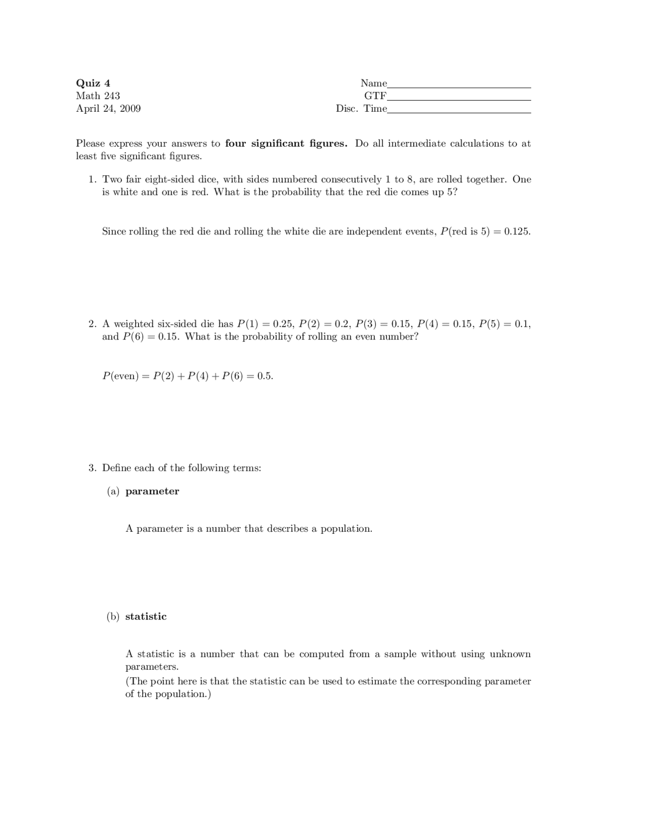 Probability and Statistics Quiz Solutions for Math 243 | Quizzes ...