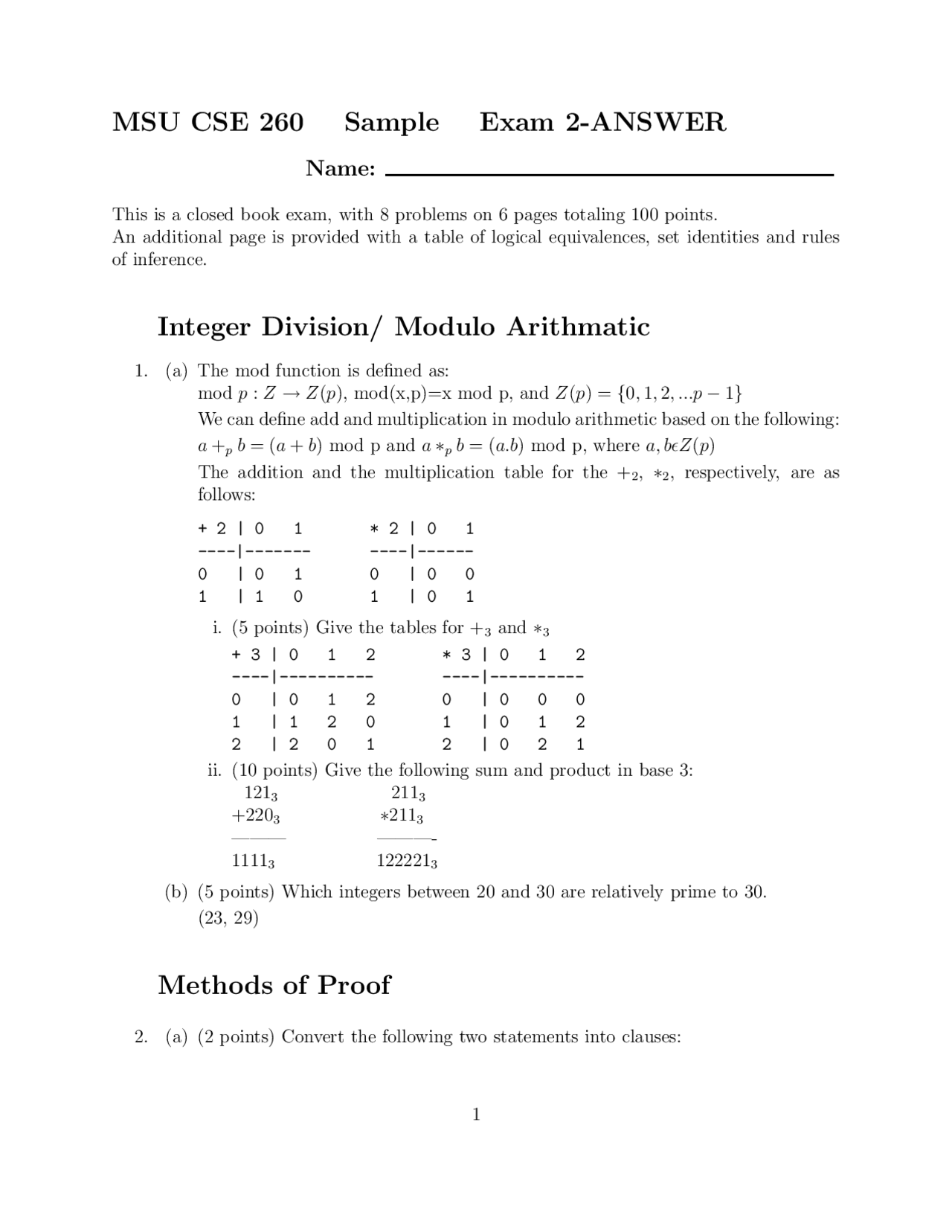 Sample Exam 2 With Answers Discrete Structures In Computer Science Cse 260 Docsity