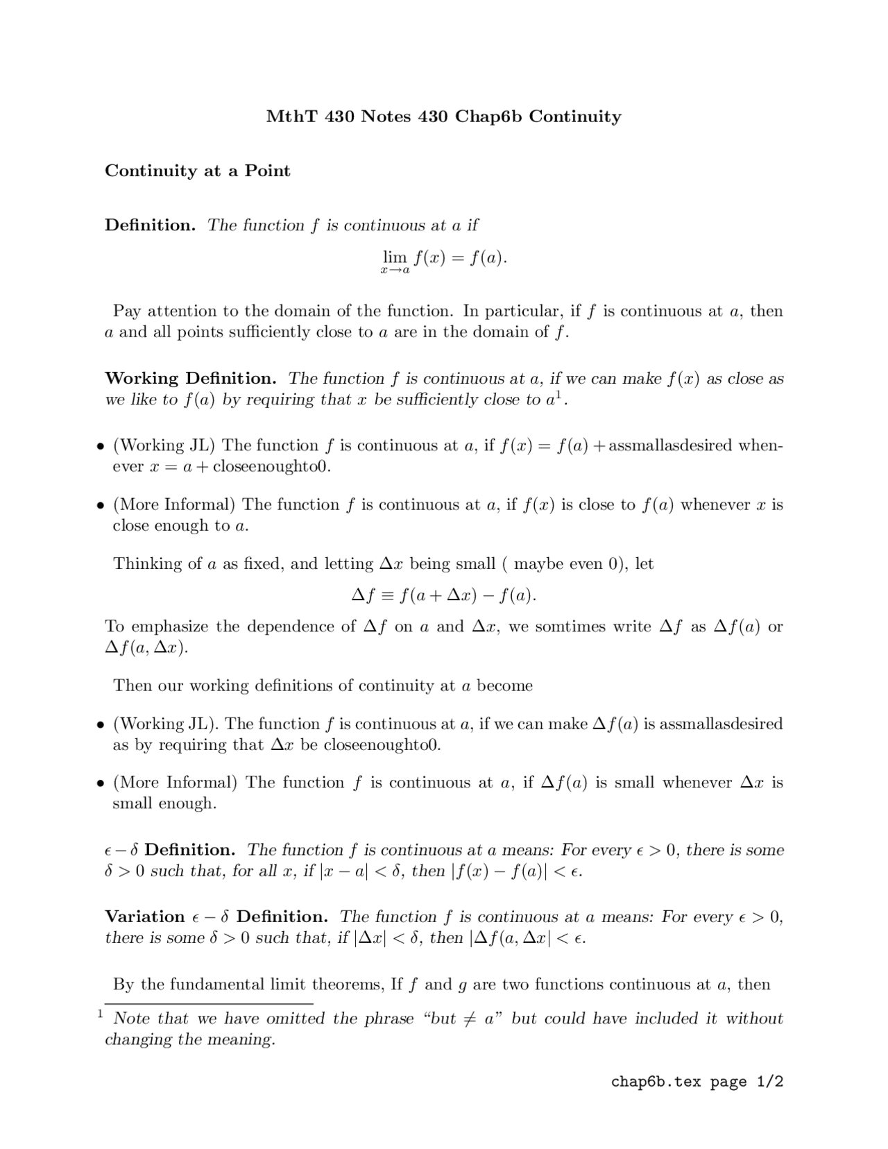 Continuity Mathematical Analysis For Teachers I Notes Mtht 430