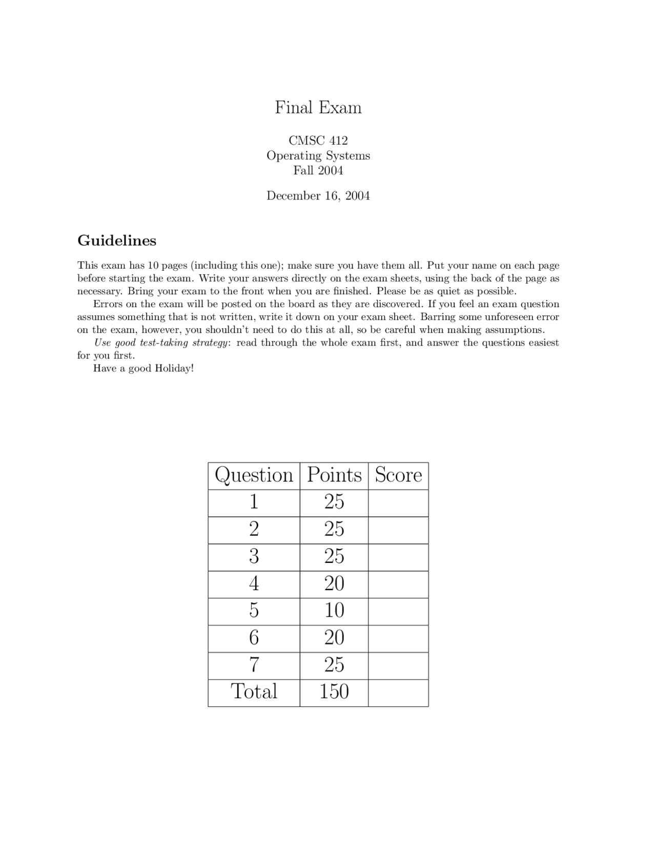 7 Questions Of Operating Systems Final Exam Cmsc 412 Docsity