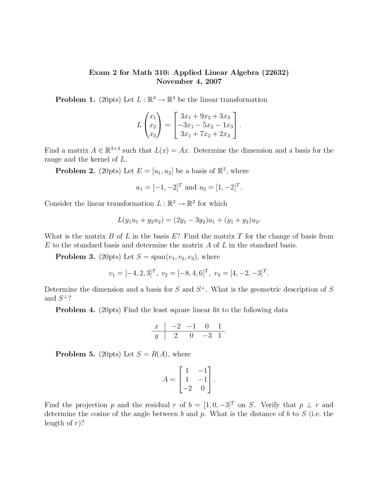 Exam 2 for Applied Linear Algebra | MATH 310 - Docsity