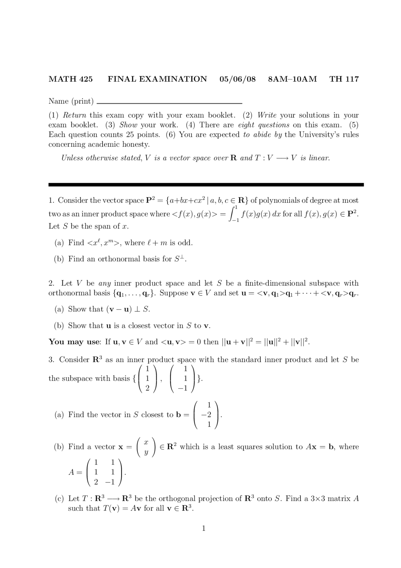 8 Problems For Linear Algebra Ii Old Final Examination Math 425