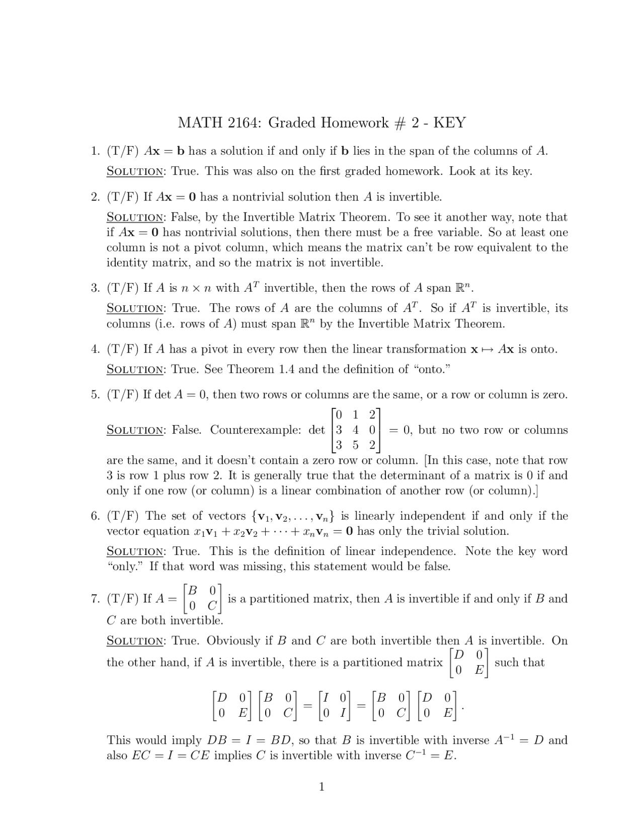 Homework 2 Questions with Solution - Matrices and Linear Algebra | MATH ...