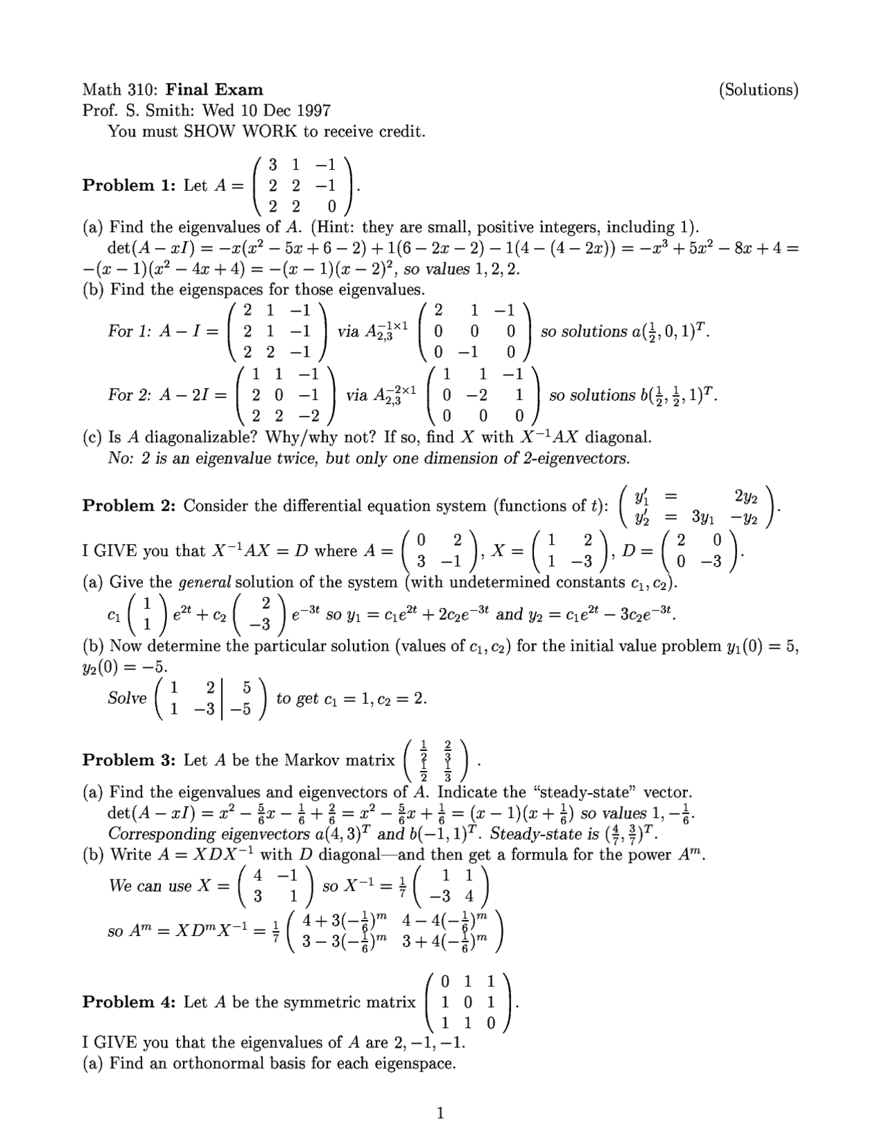 Final Exam With Solutions Applied Linear Algebra Math 310 Docsity
