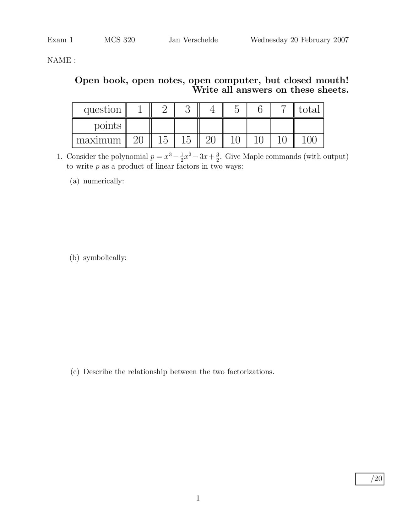 7 Questions For Exam 1 Introduction To Symbolic Computation Mcs 320