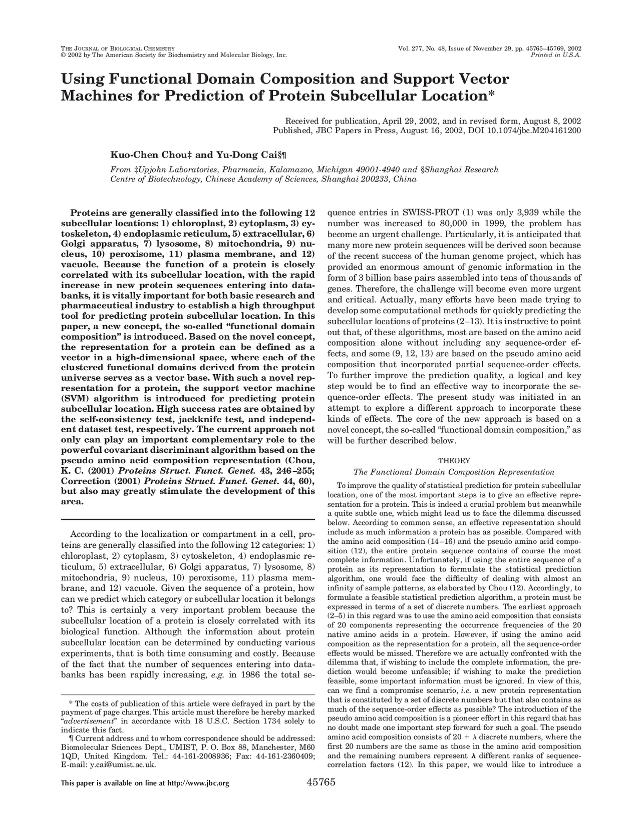 Using Functional Domain Composition and Support Vector Machines for Prediction of Protein ...