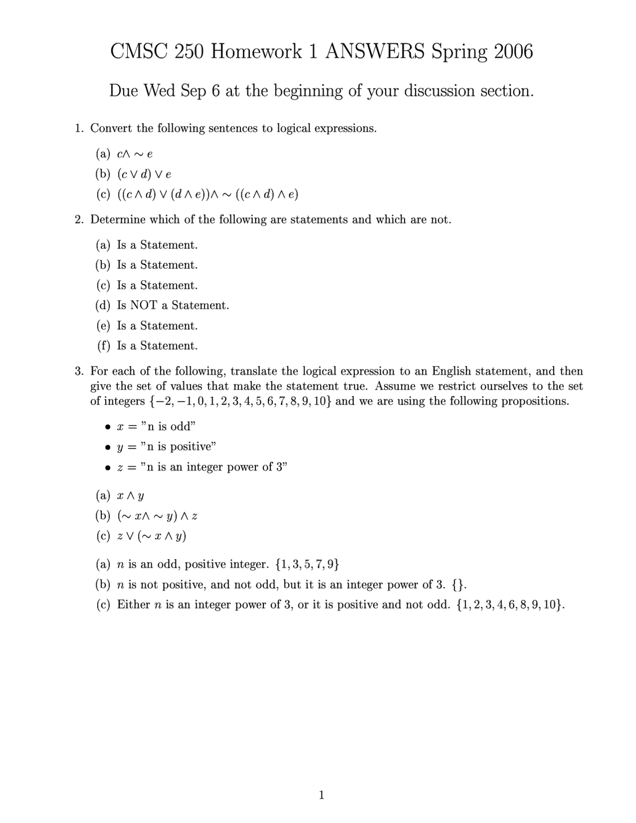 Homework 1 Answers Discrete Structures Cmsc 250 Docsity