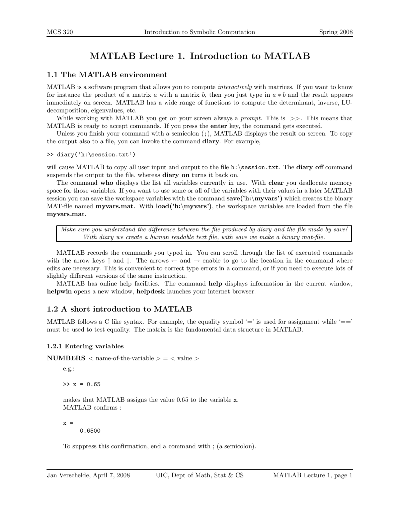 MATLAB - Introduction to Symbolic Computation - Lecture Notes | MCS 320 ...