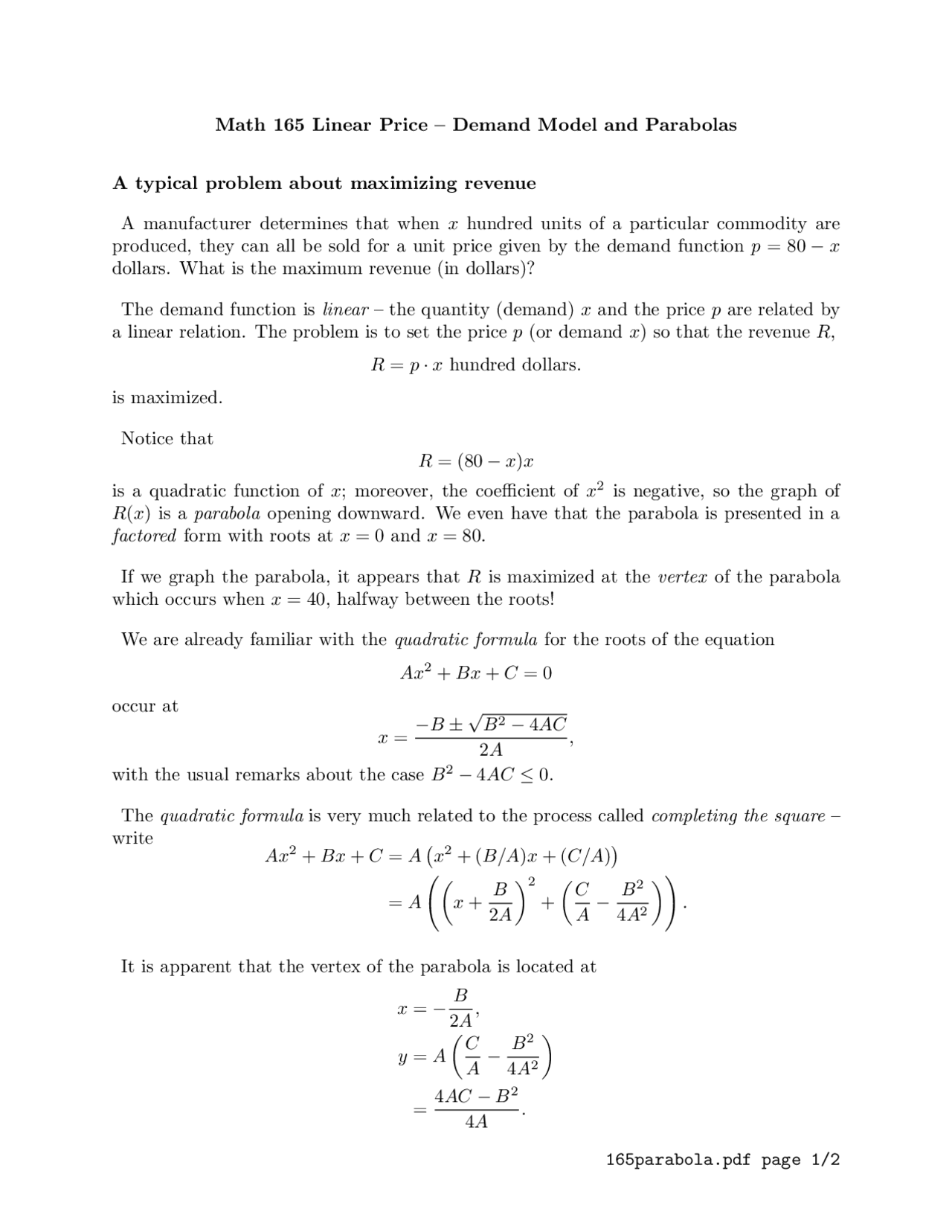 Notes on Linear Price - Demand Model and Parabolas | MATH 165 - Docsity