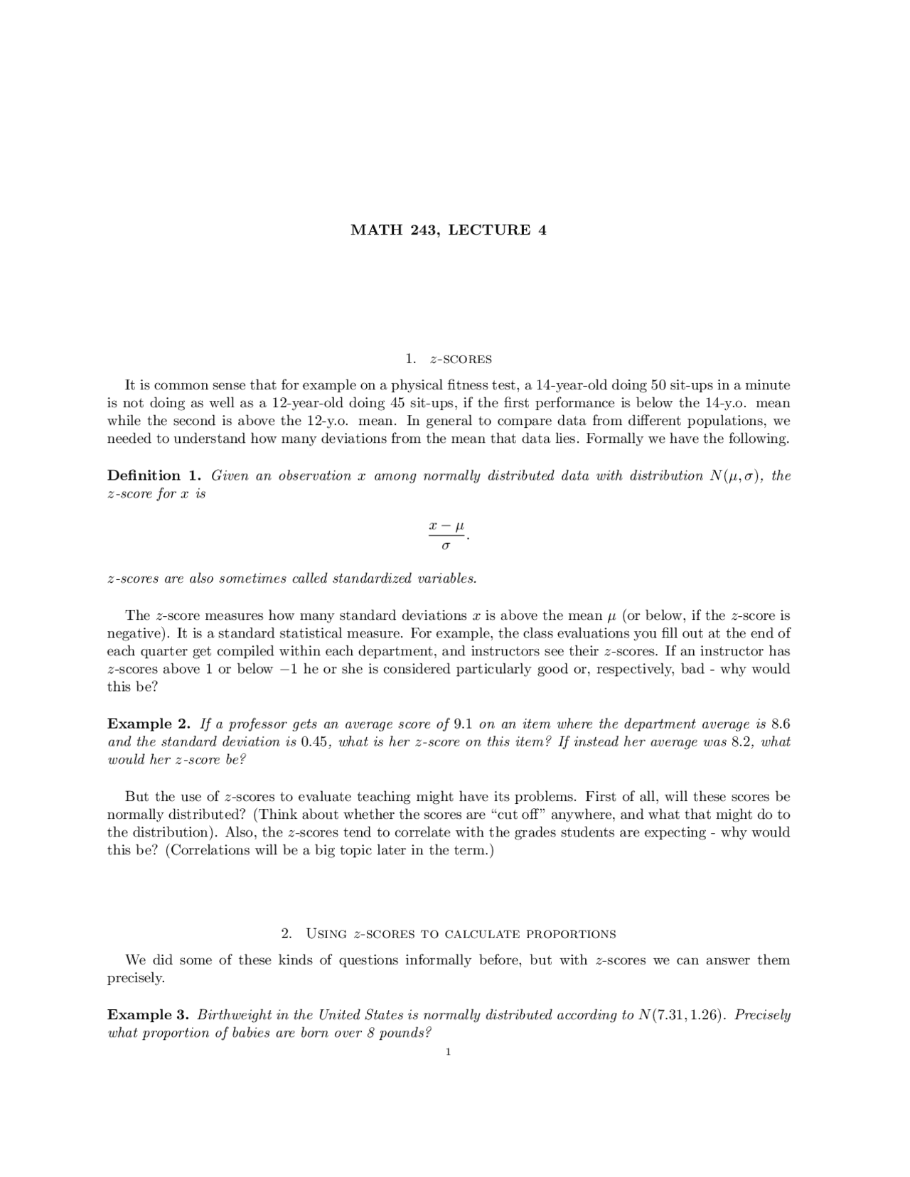 Lecture Notes On Z Scores Mathematical Models Math 243 Docsity