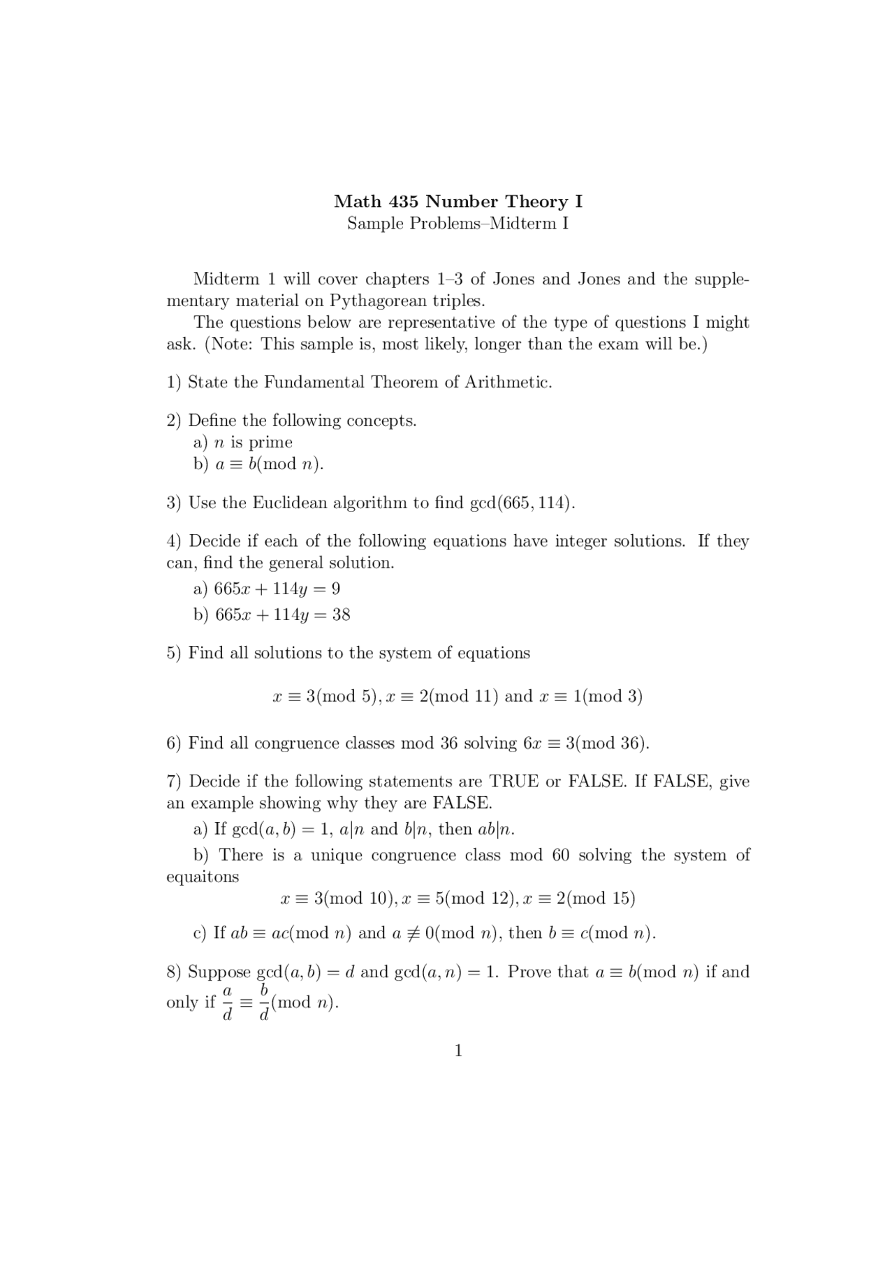 Math 435 Number Theory I - Midterm I Sample Problems | Exams Number Theory | Docsity