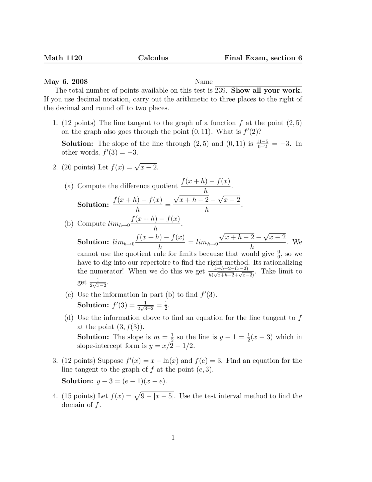 Questions With Solutions In Final Exam Calculus Math 1120 Docsity