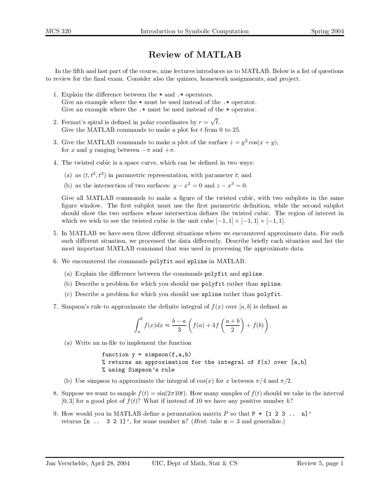 Review Sheet Of Matlab Introduction To Symbolic Computation Mcs 320