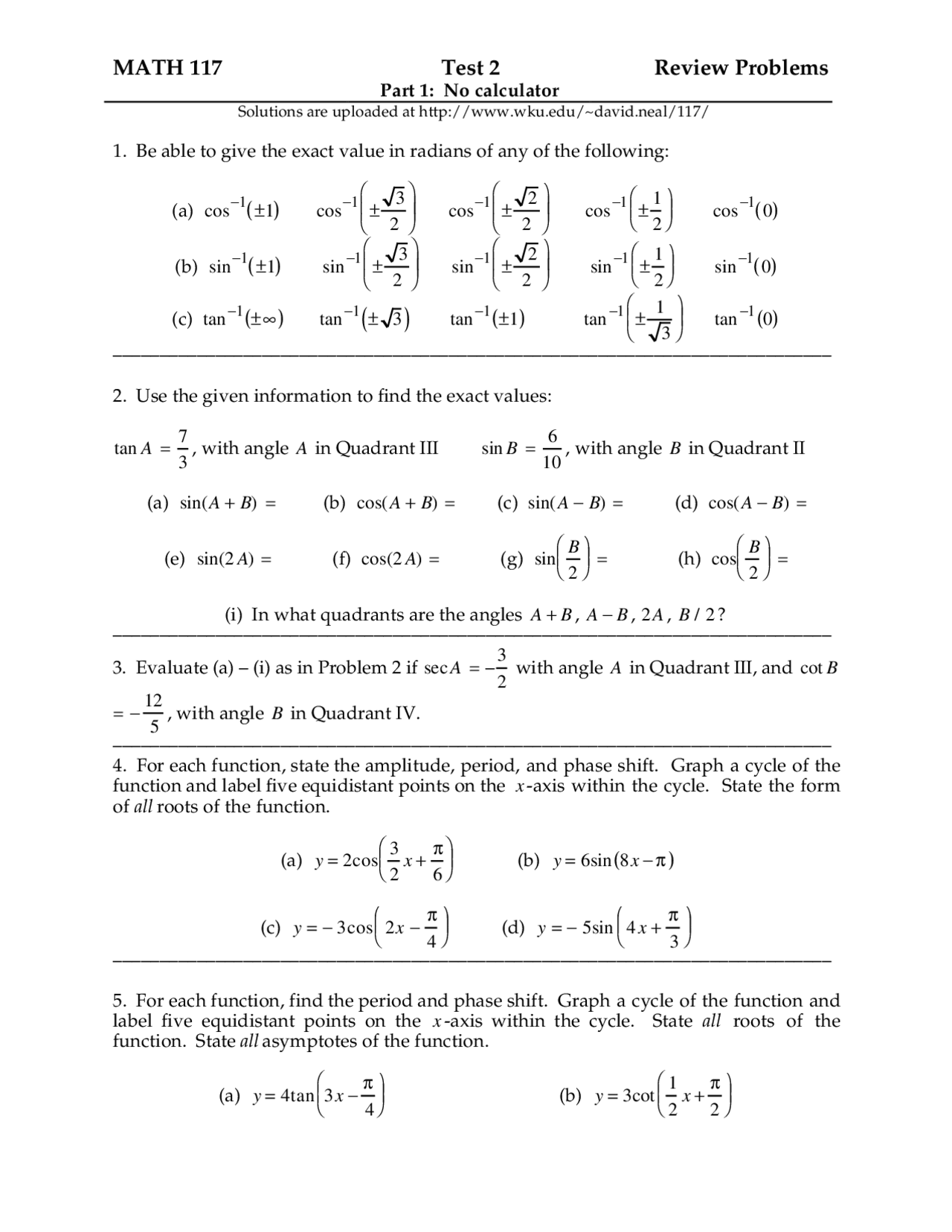 8 Questions For Exam 2 Trigonometry Math 117 Docsity