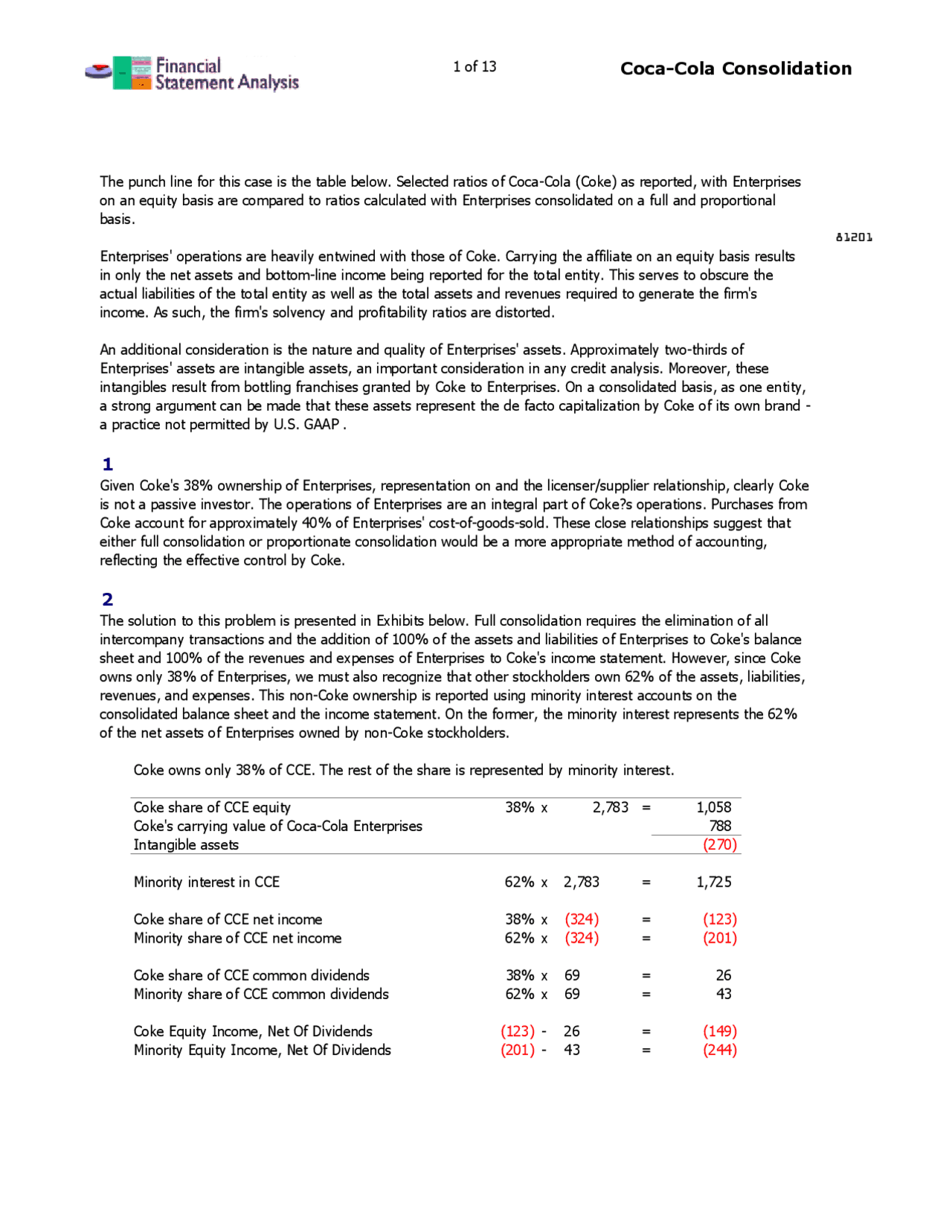 Coca Cola Consolidated Financial Statement Analysis Handout Actg