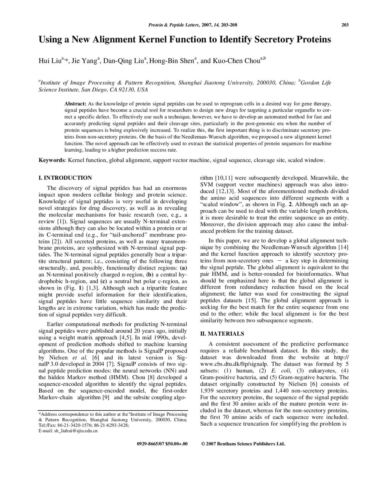 Using a New Alignment Kernel Function to Identify Secretory Proteins | BIOL 3400 - Docsity