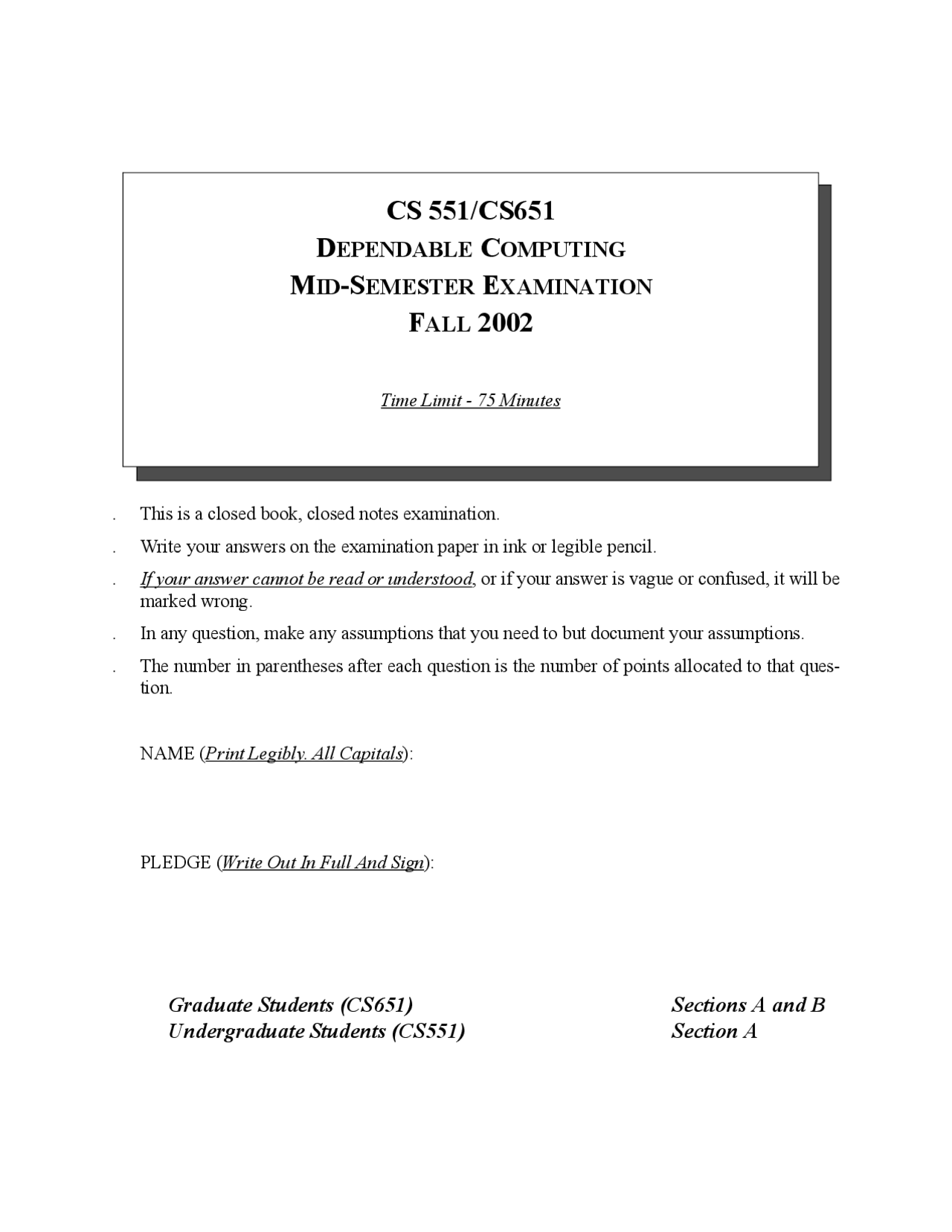 Practice Midterm Examination Dependability Cs 686 Docsity