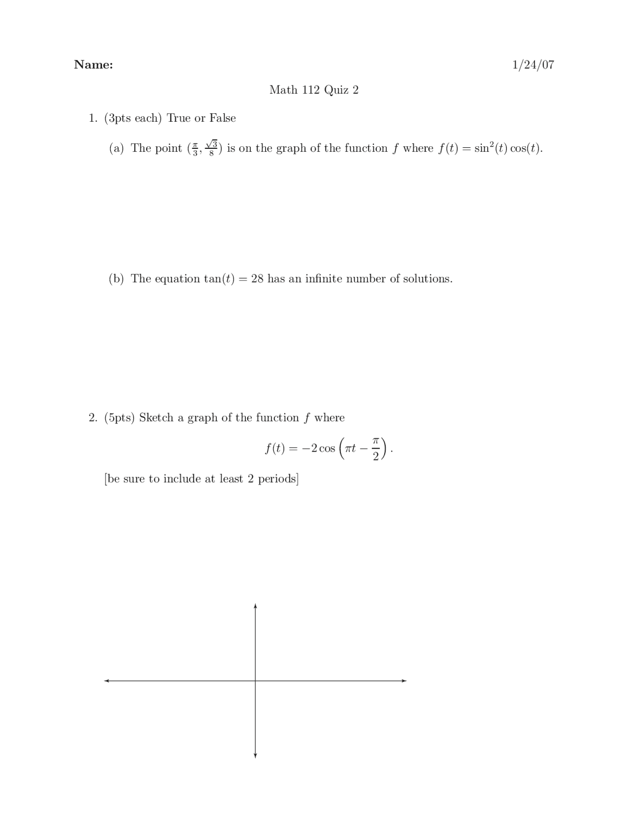 Iv Questions For Elementary Functions Quiz 2 Math 112 Docsity