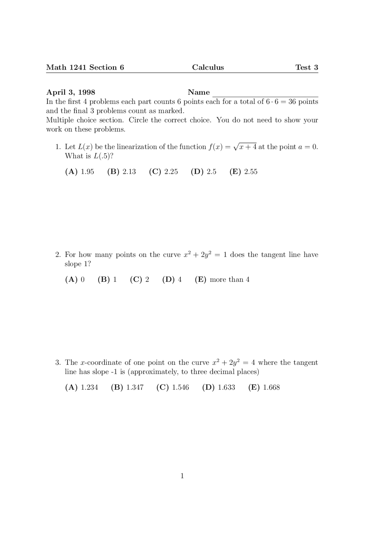 7 Questions on Calculus I - Old Exam 3 - Fall 1998 | MATH 1241 | Exams ...